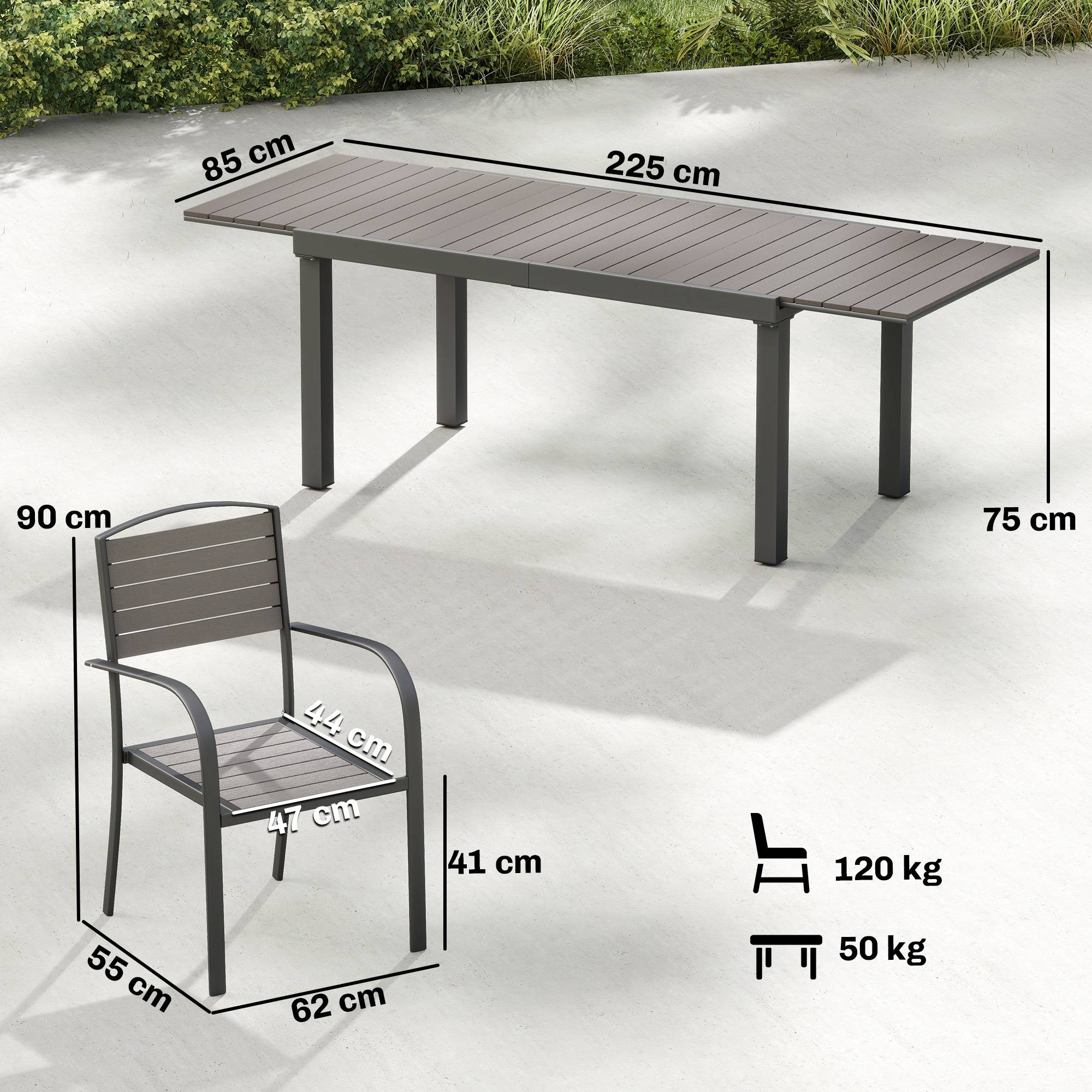 Salon de jardin 9 pièces aluminium terrasse table extensible 225cm gris ...