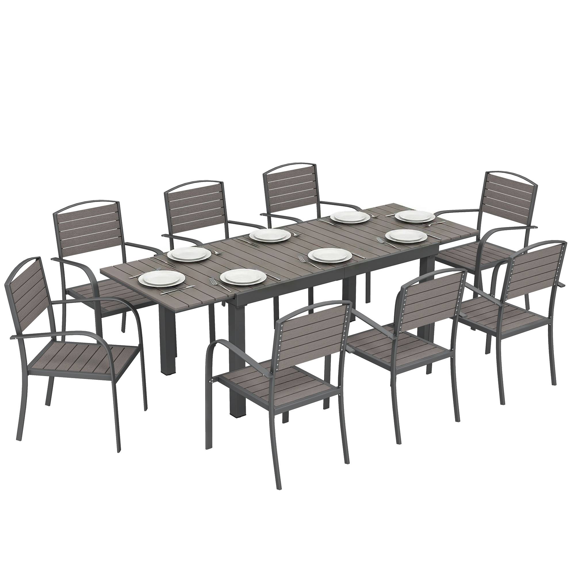 Salon de jardin 9 pièces aluminium terrasse table extensible 225cm gris ...
