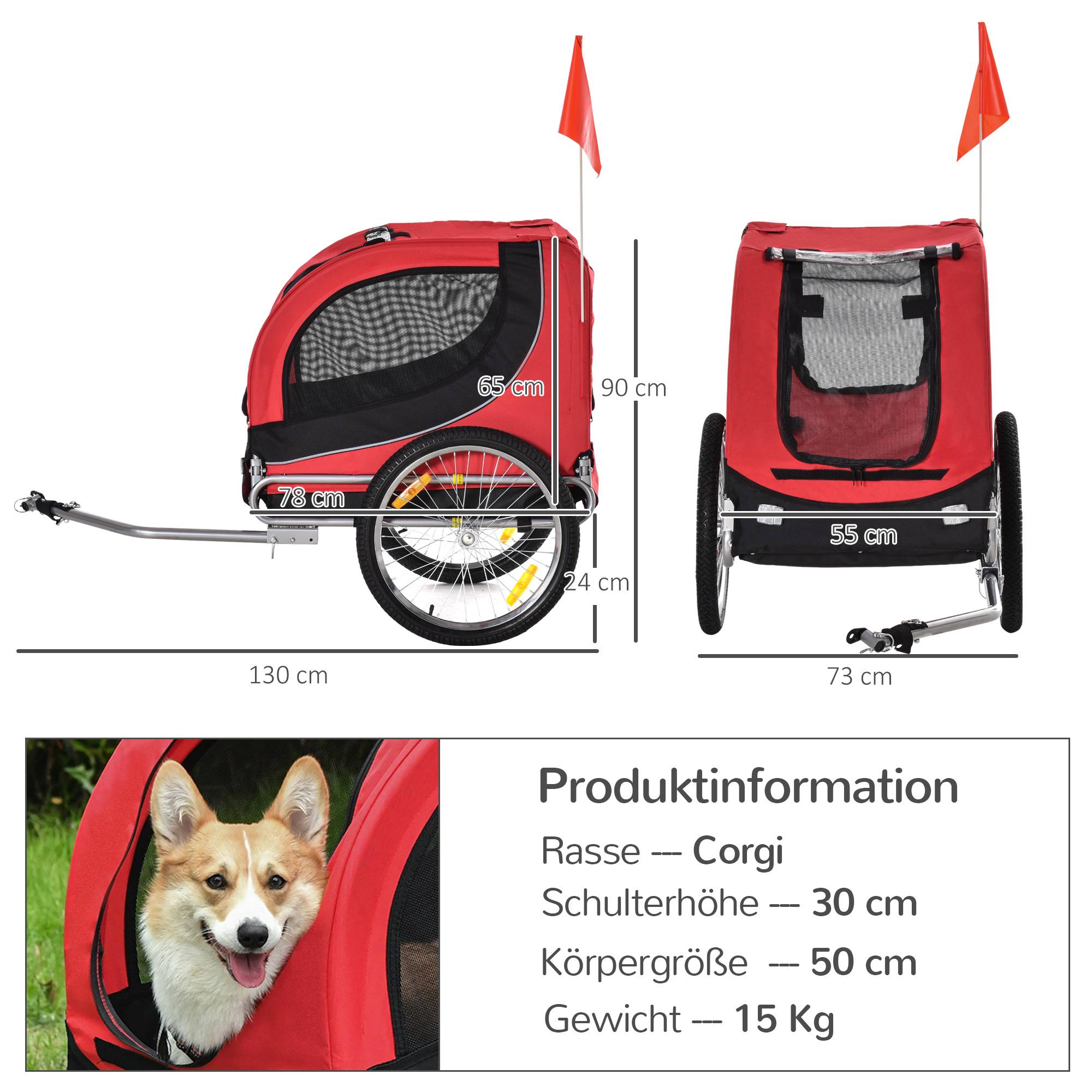 Remorque de vélo pour chien acier rouge et noir 130 x 73 x 90 cm ...