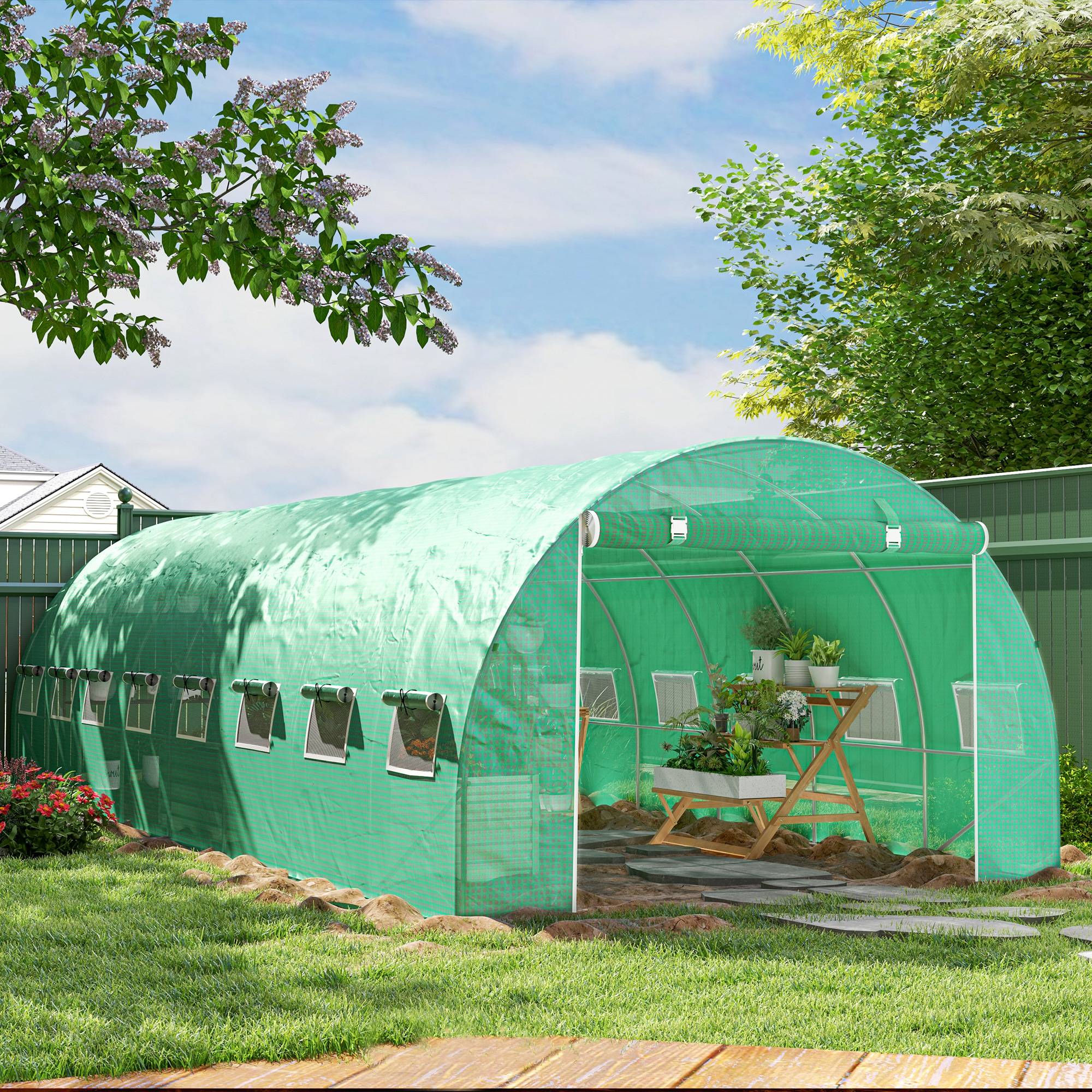 Serre de jardin tunnel 24m² 8L x 3l x 2H m - 16 fenêtres, Porte zippée ...