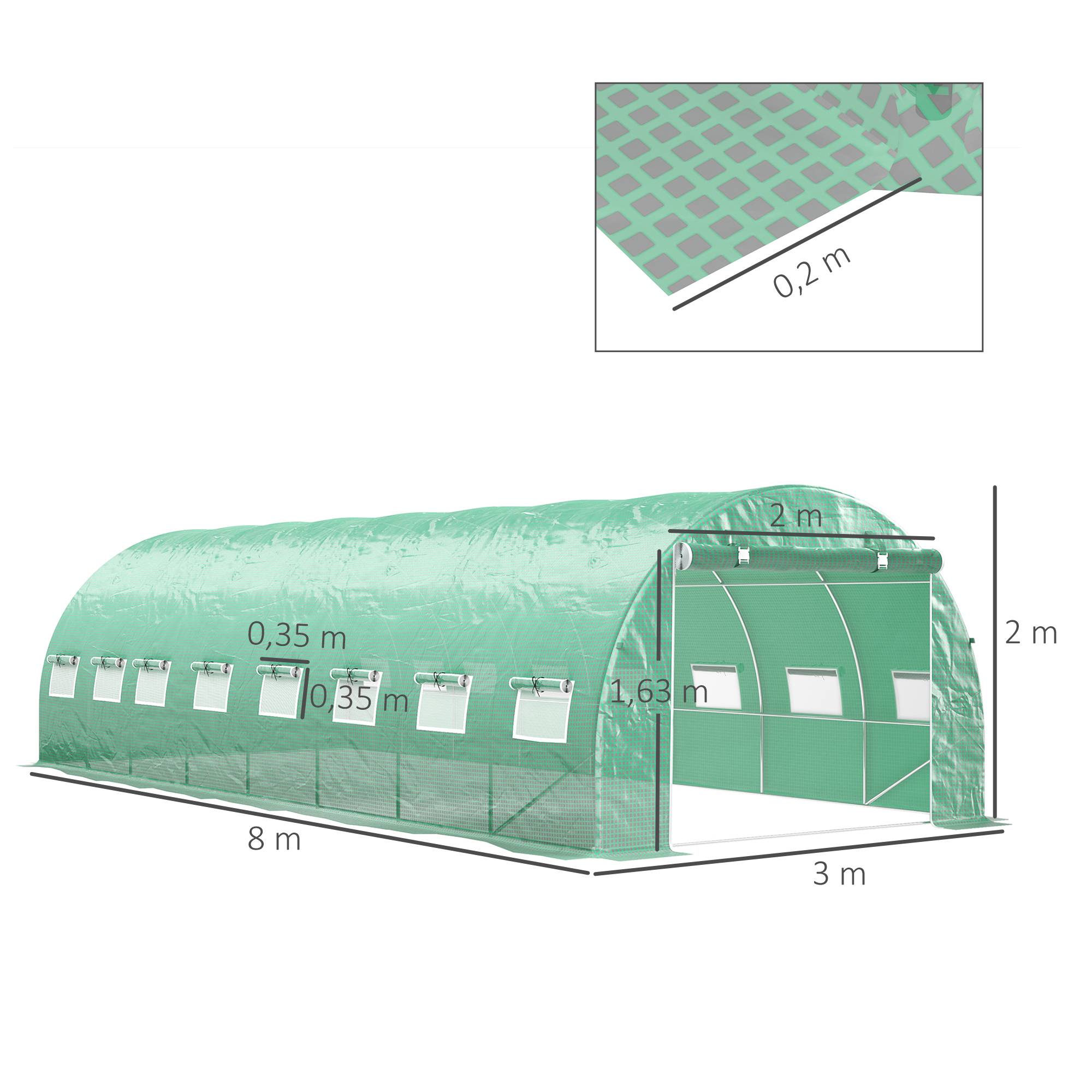Serre de jardin tunnel 24m² 8L x 3l x 2H m - 16 fenêtres, Porte zippée ...