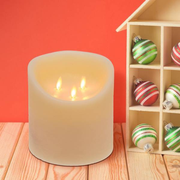 Bougie 3 flammes LED en cire véritable Ivoire à piles H15cm Minuteur ...