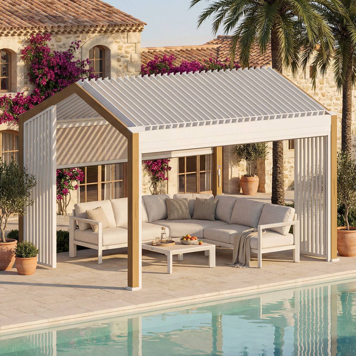 Pergola bioclimatique autoportante Ecozia beige lin Hespéride - Jardiland