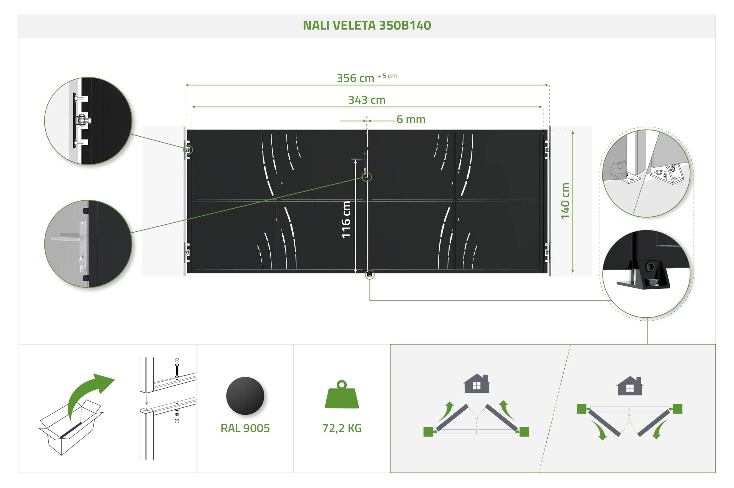 Casanoov Portail battant acier noir mat 3,5 m NALI VELETA H.140 cm ...