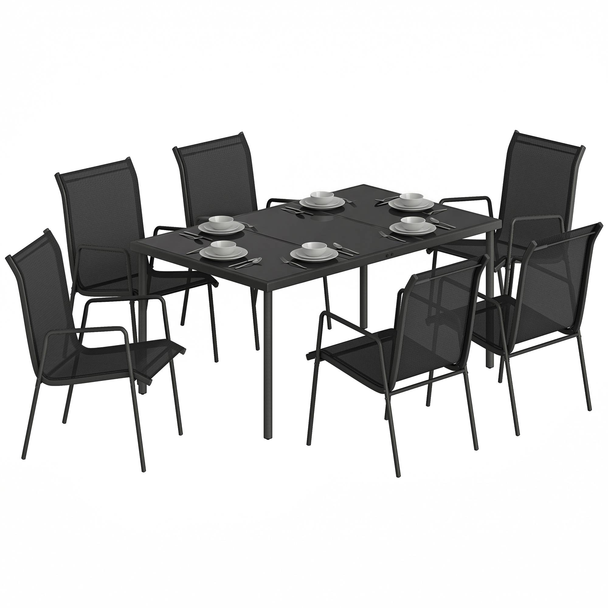 Salon de jardin 7 pièces métal terrasse plateau verre 150cm noir ...