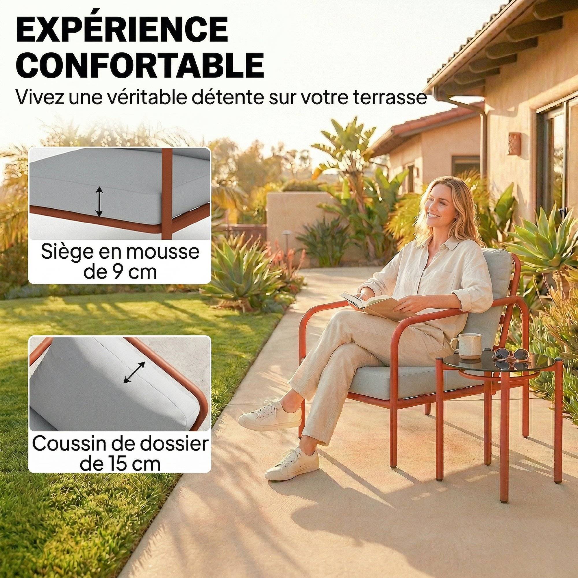 Salon de Jardin 3 Pièces, 2 Fauteuils, 1 Table Basse, Coussins Épais ...