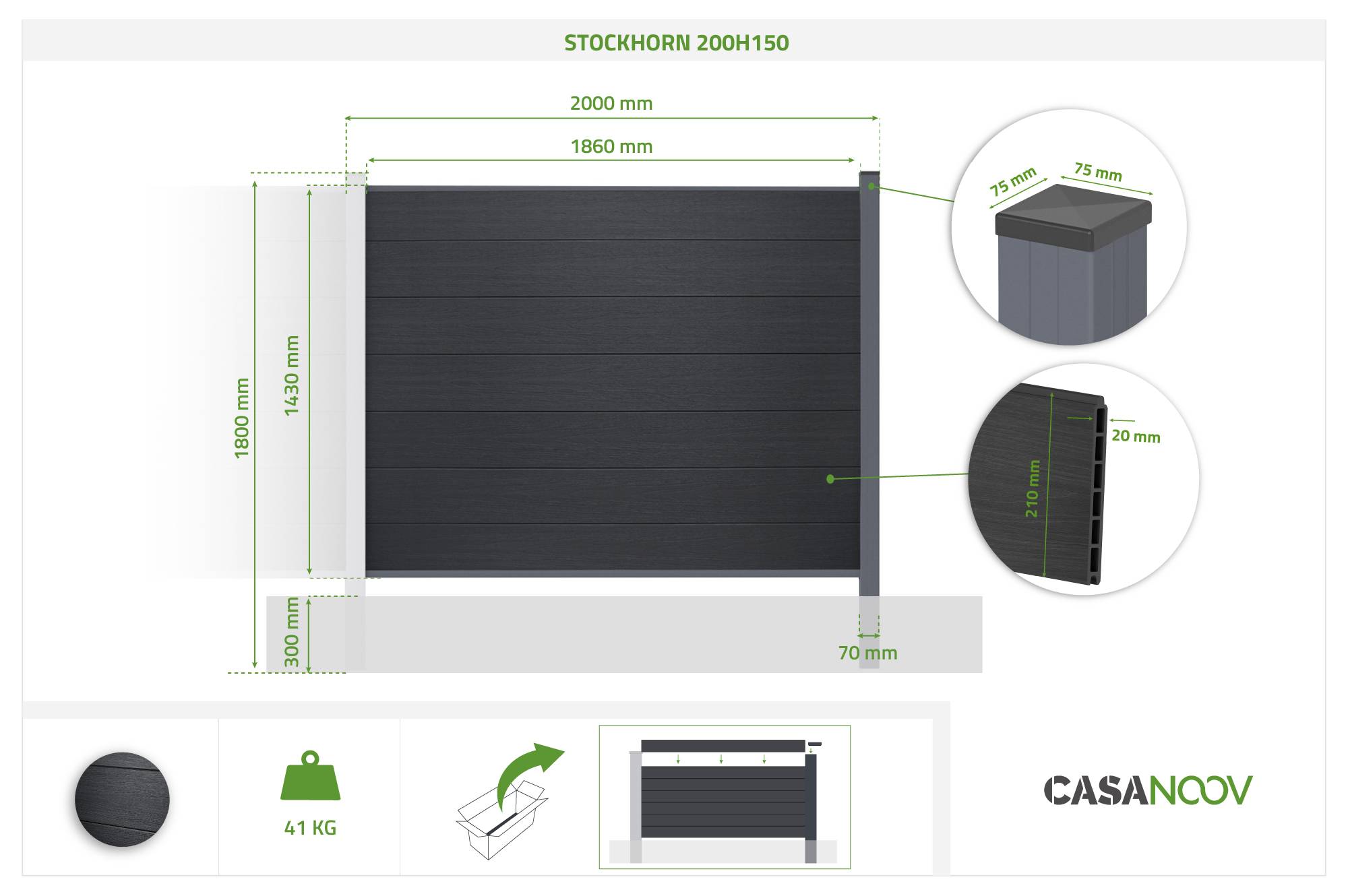 Clôture composite Stockhorn 6 m, hauteur 150 cm, à installer dans le ...