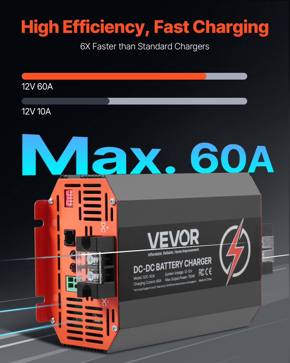 VEVOR Chargeur batterie CC-CC 12 V 60 A, 750 W, plomb, lithium, AGM ...