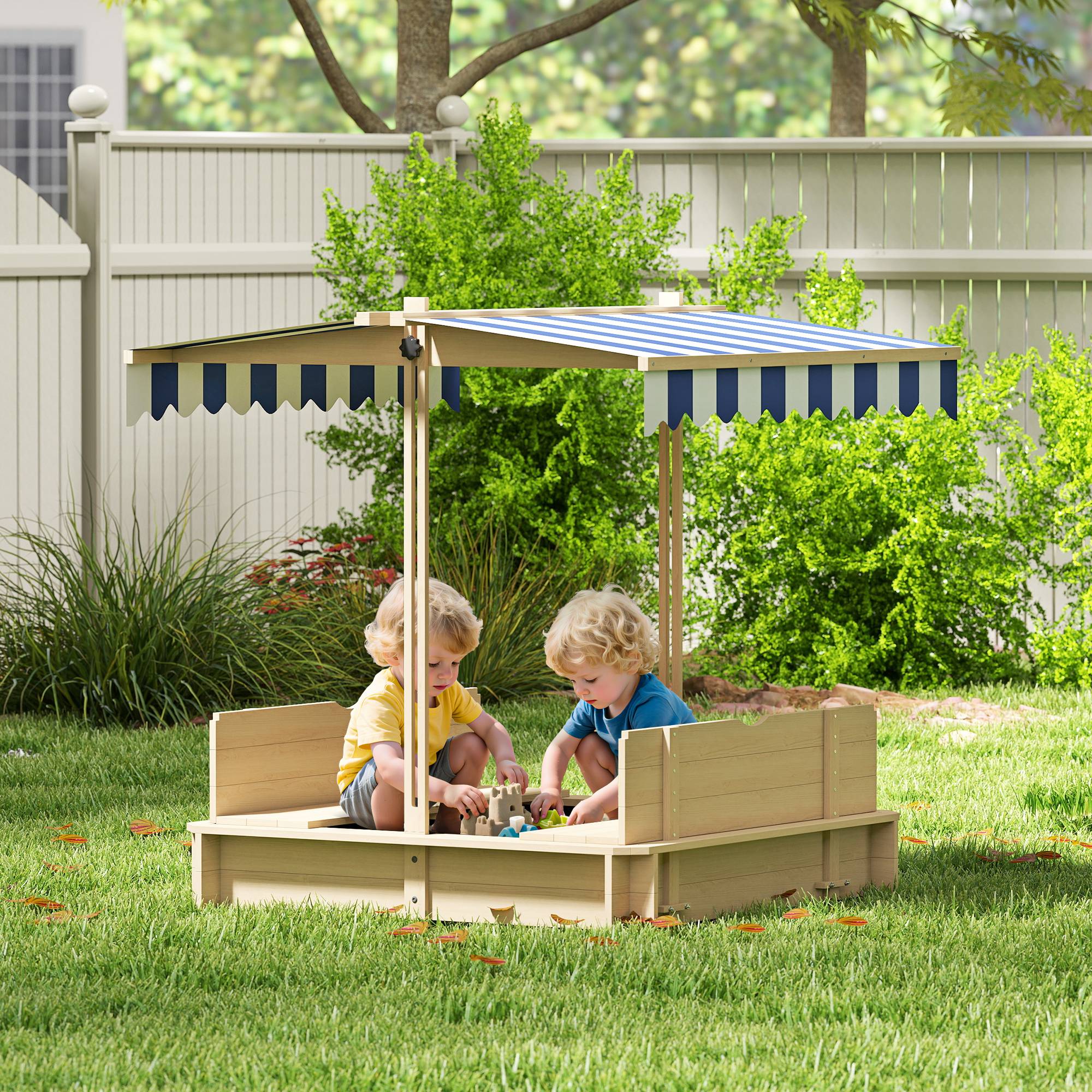 Bac à sable carré en bois pour enfants dim. 106L x 106l cm avec bancs ...