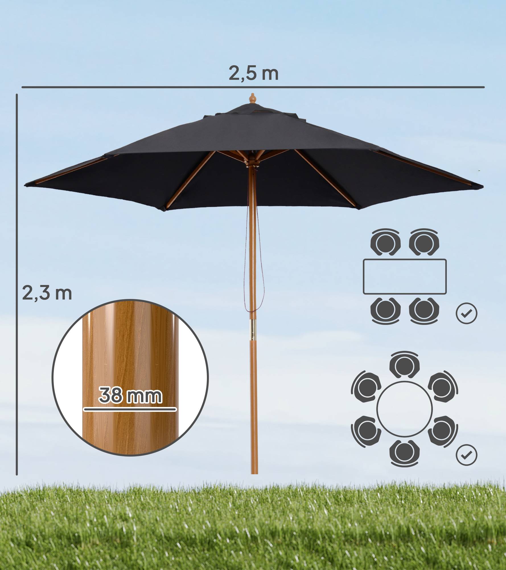 Parasol de jardin Bois Noir 250x250x230 cm - Jardiland