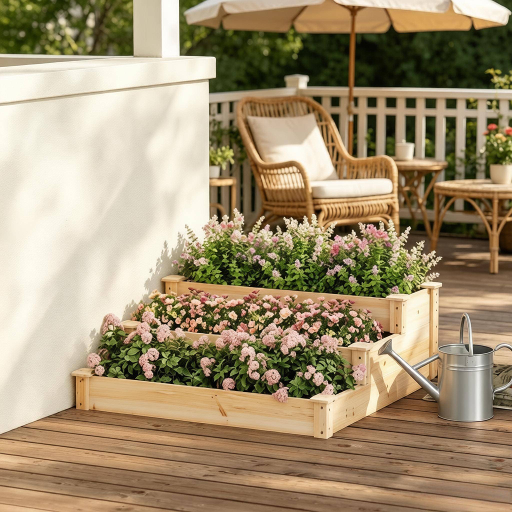 Carré potager bois massif 3 niveaux en escalier pour jardin 92x92x35 cm ...