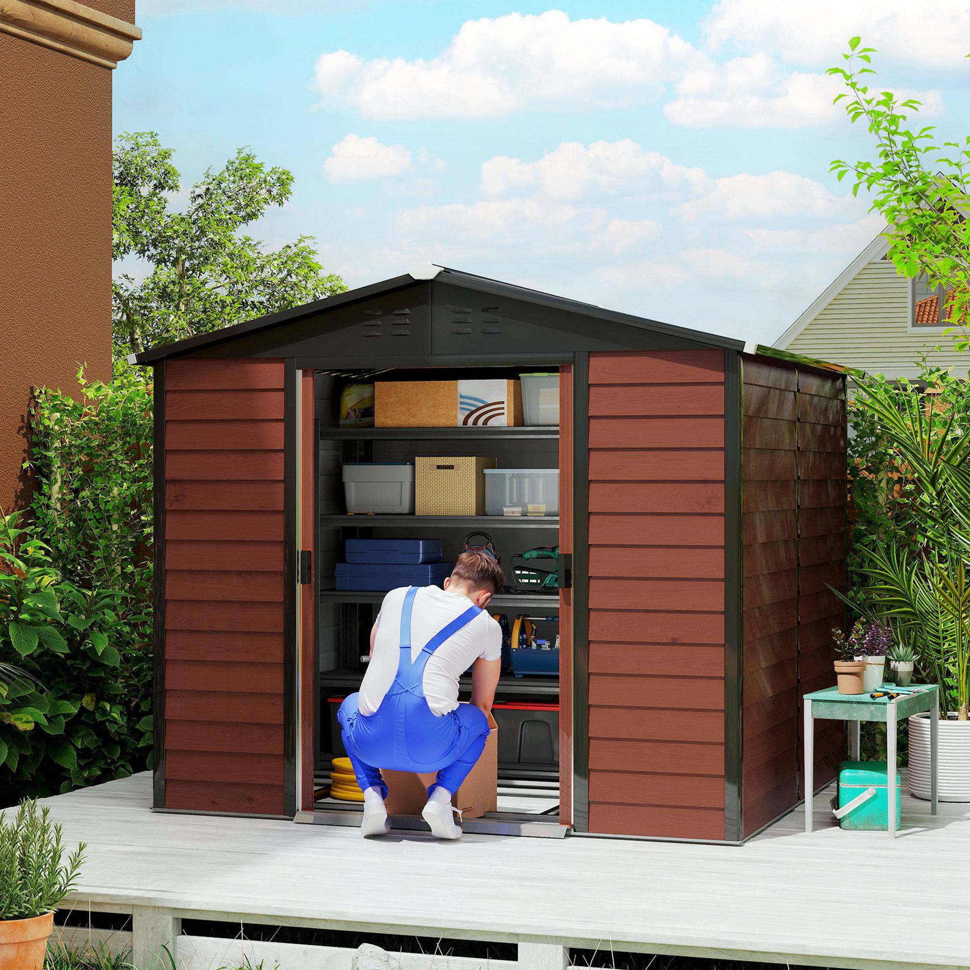 Abri de jardin acier galvanisé effet teck 240 x 206 x 198 cm - PANGIVO ...