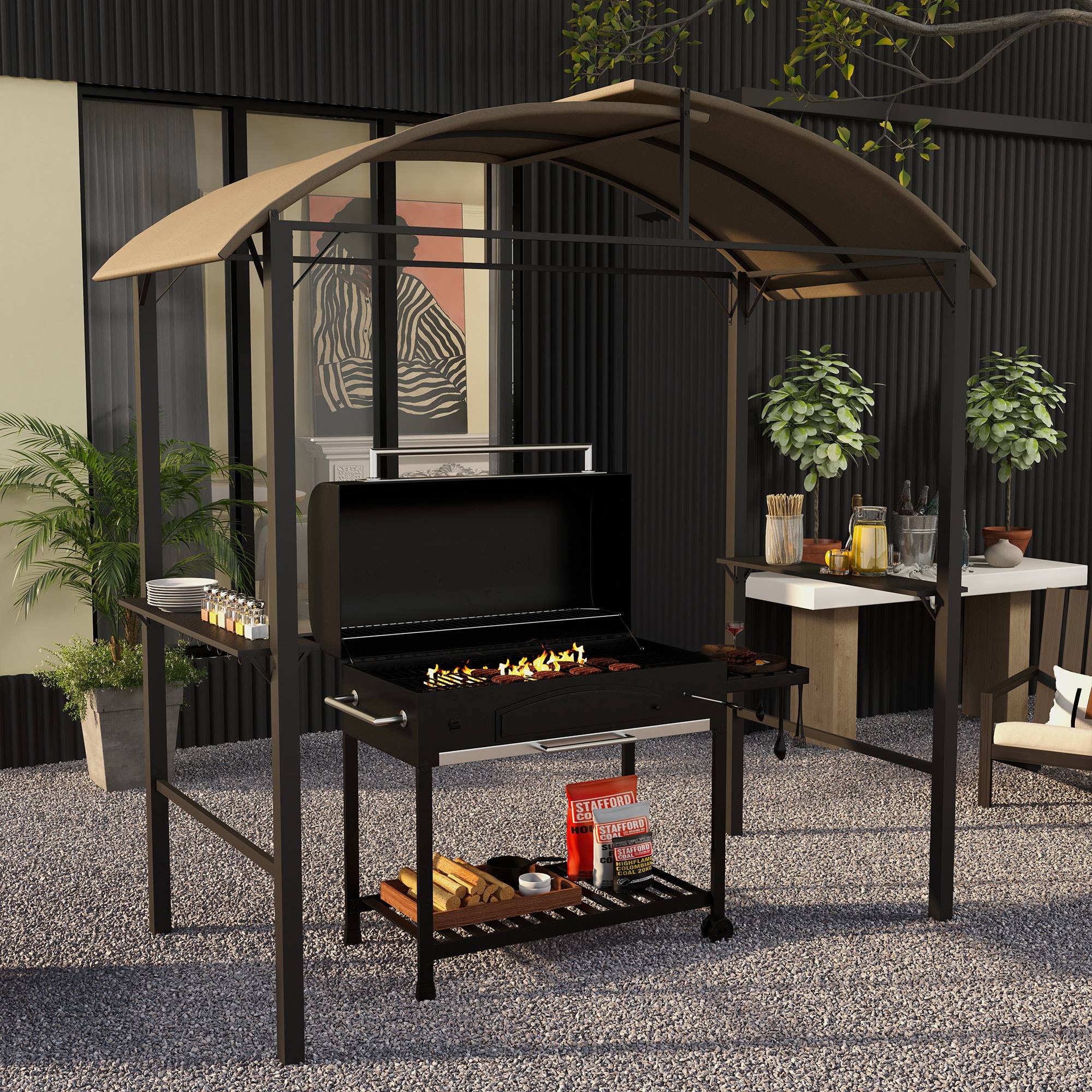 Pavillon barbecue acier kaki 233 x 110 x 235 cm - PANGIVO - Jardiland