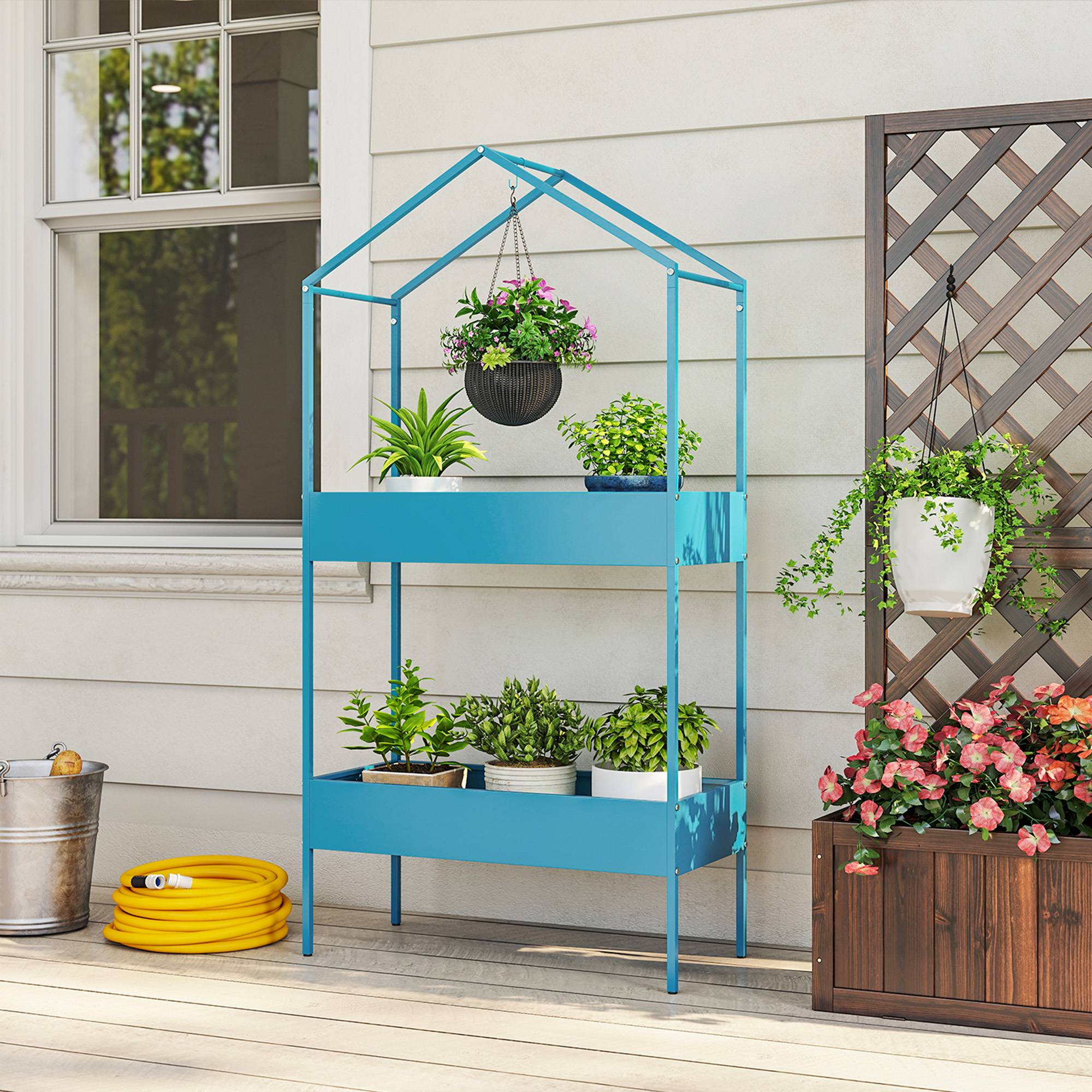 Étagère à Plantes 2 Niveaux, Support de Plantes en Métal avec Crochet ...
