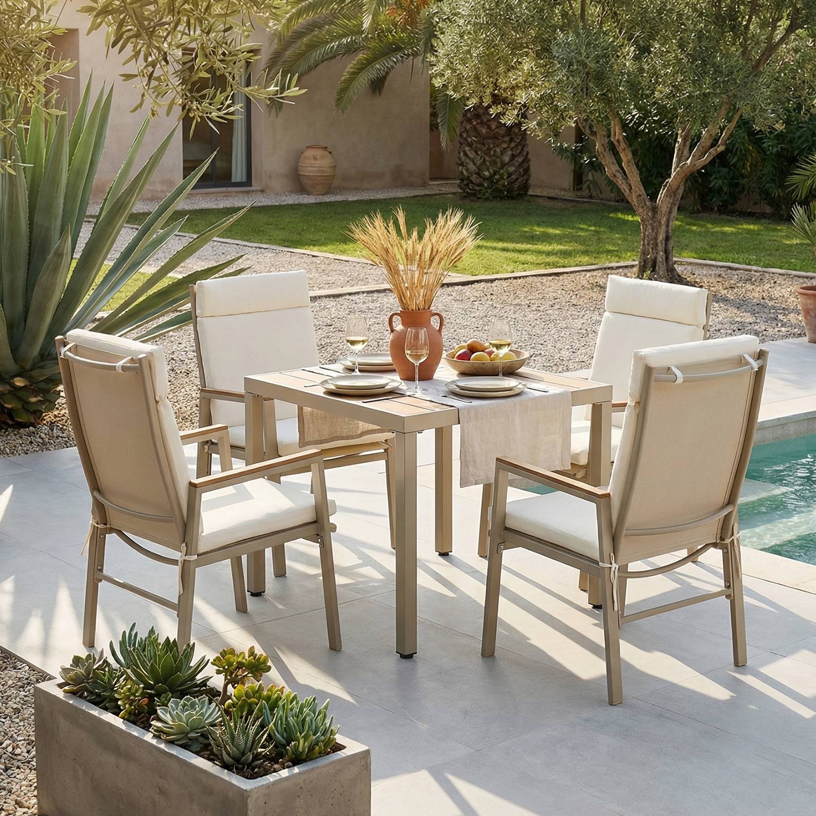 Salon de jardin acier composite 4 personnes repas table 4 chaises ...