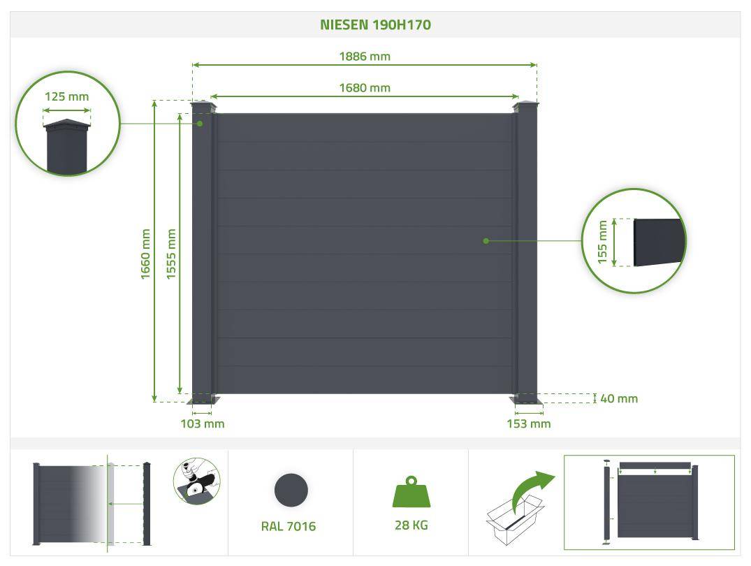 Lot de 3 kits de clôture aluminium NIESEN H.170 cm - kits complet 5.7m ...