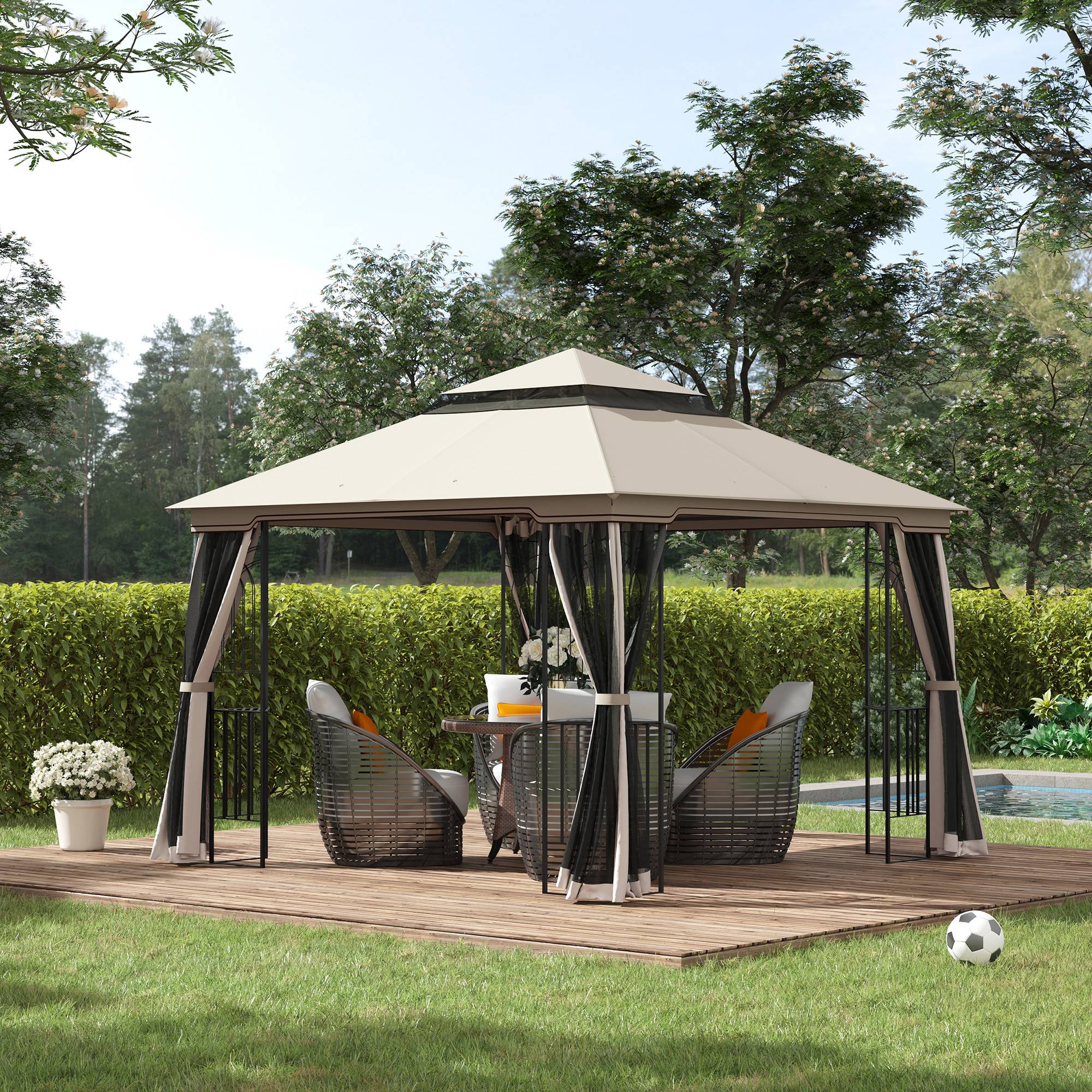 Tonnelle de jardin métal terrasse toit double étagères 3x3m beige ...
