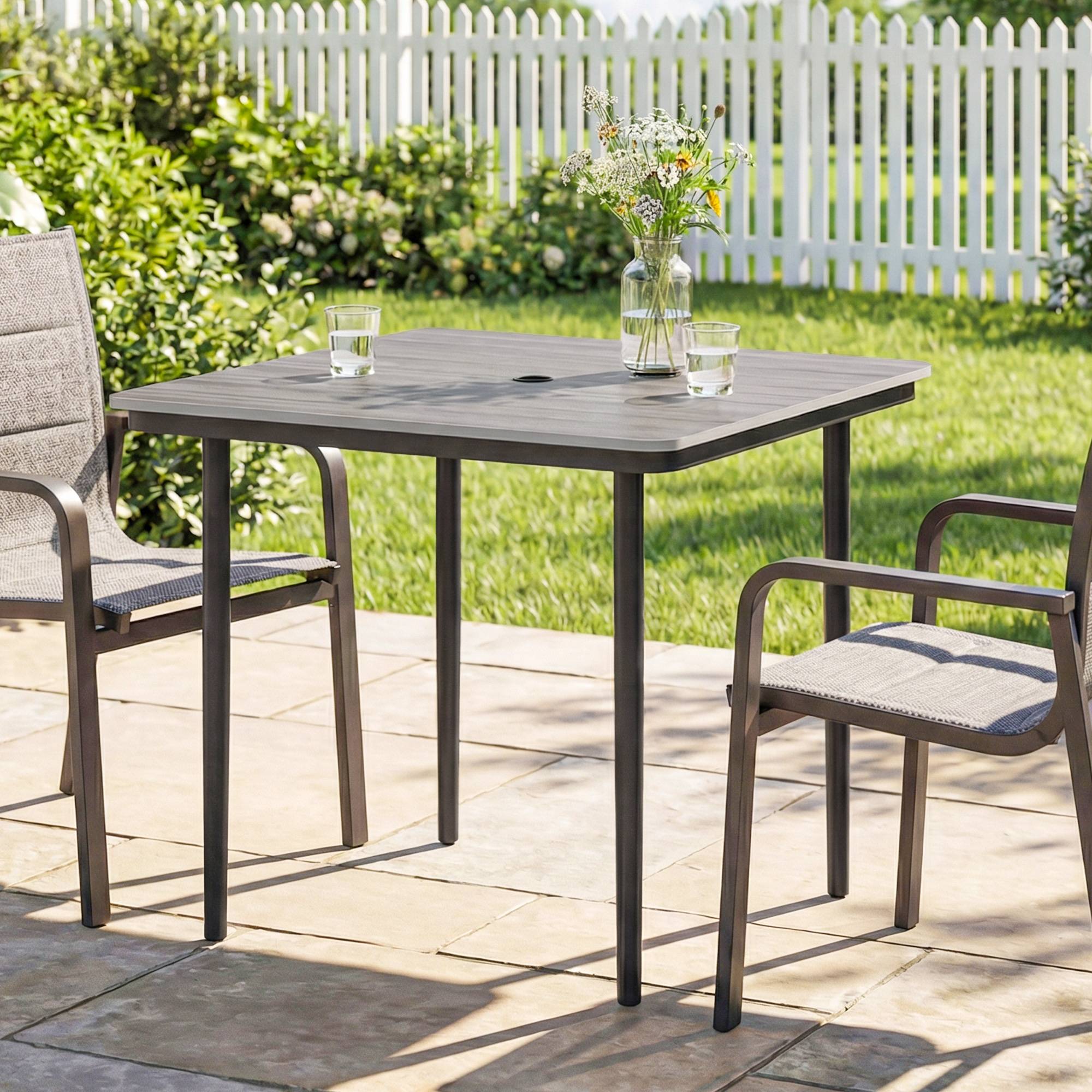 Table à manger carrée métal composite pour 4 personnes trou parasol ...