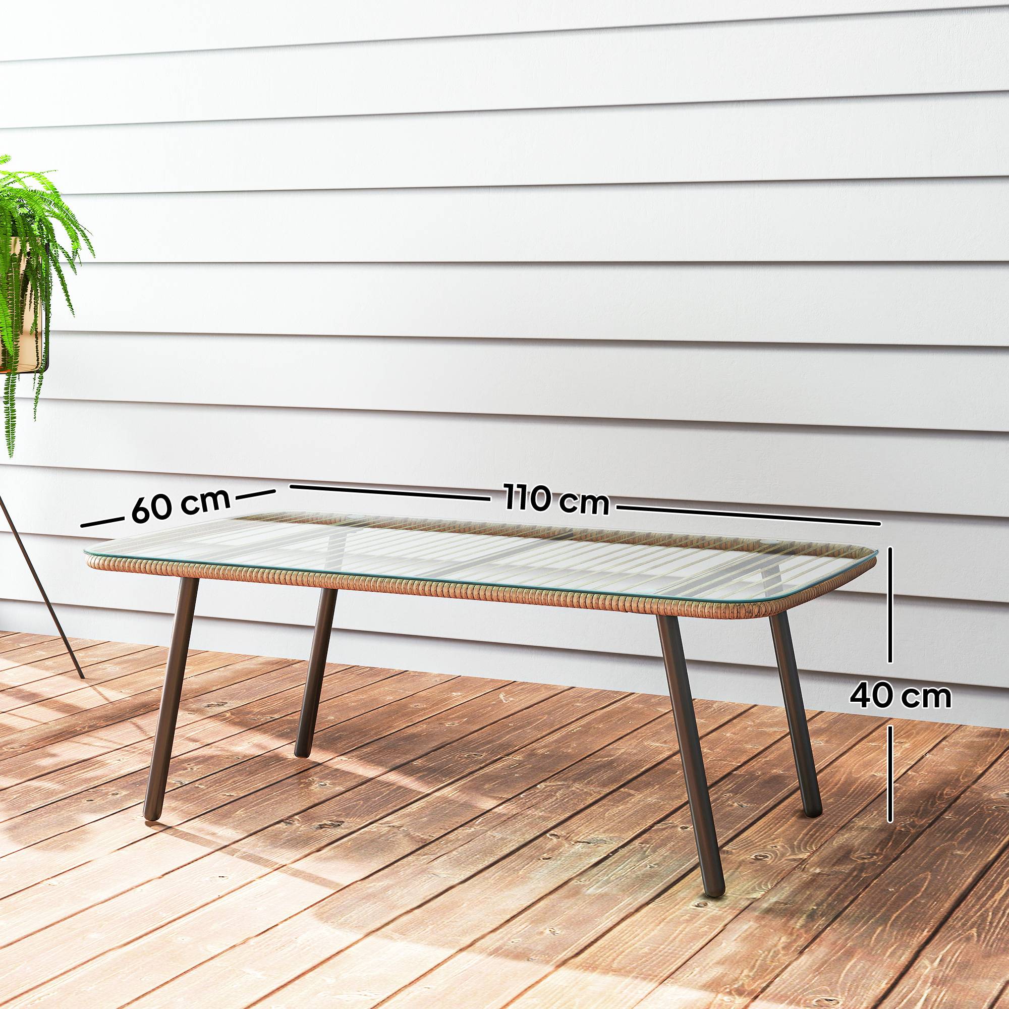 Table basse de jardin résine tressée effet bois naturel 110 x 60 x 40 ...