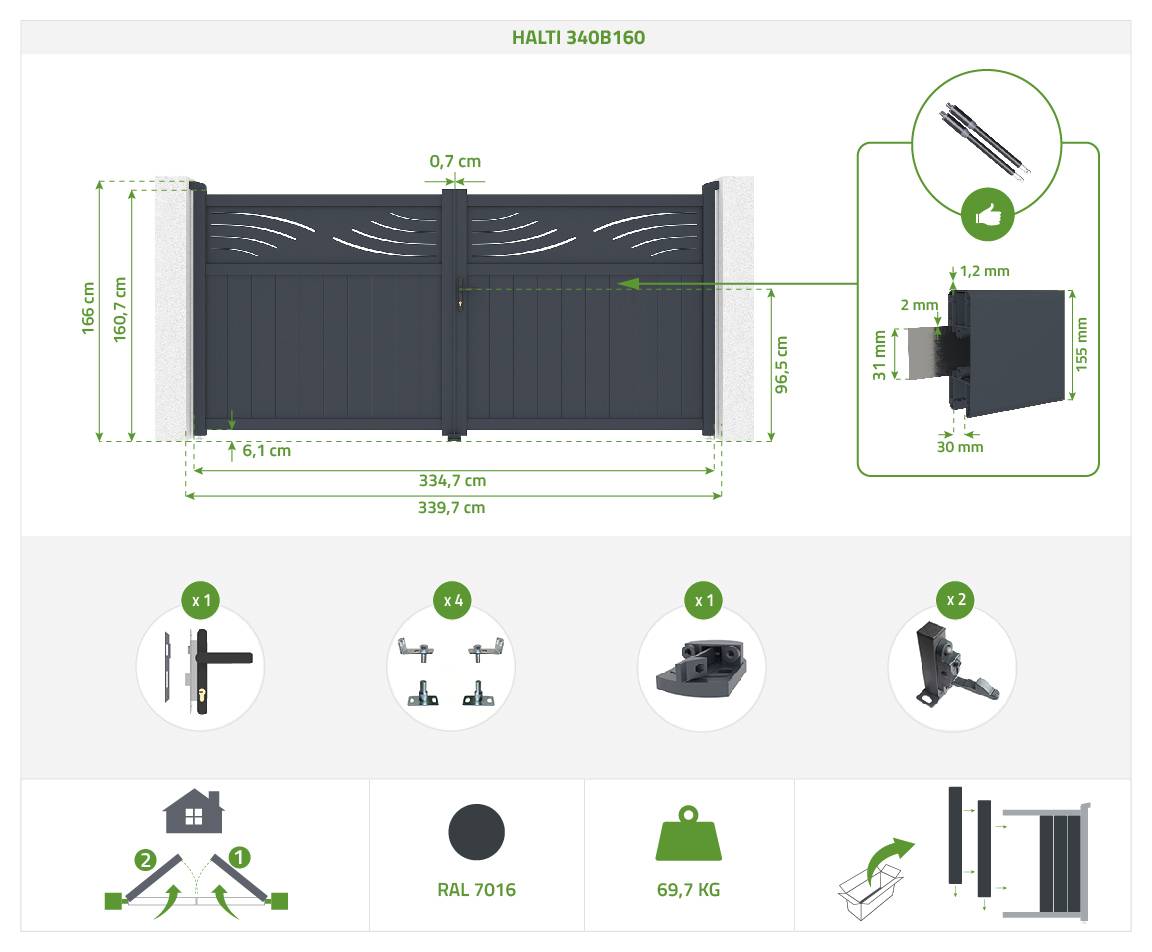 Portail battant 3,4 m HALTI H.160 cm alu + portillon HALTI H.160 cm ...