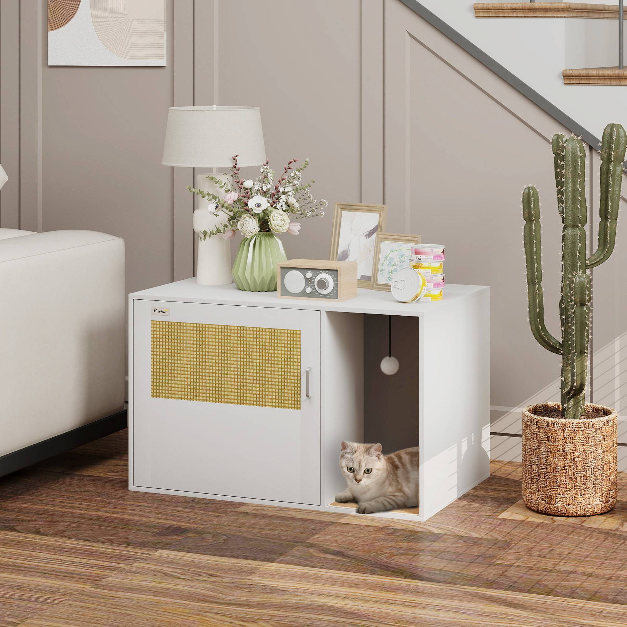 Meuble litière pour chat bois et rotin blanc 80 x 50 x 50 cm - PANGIVO ...