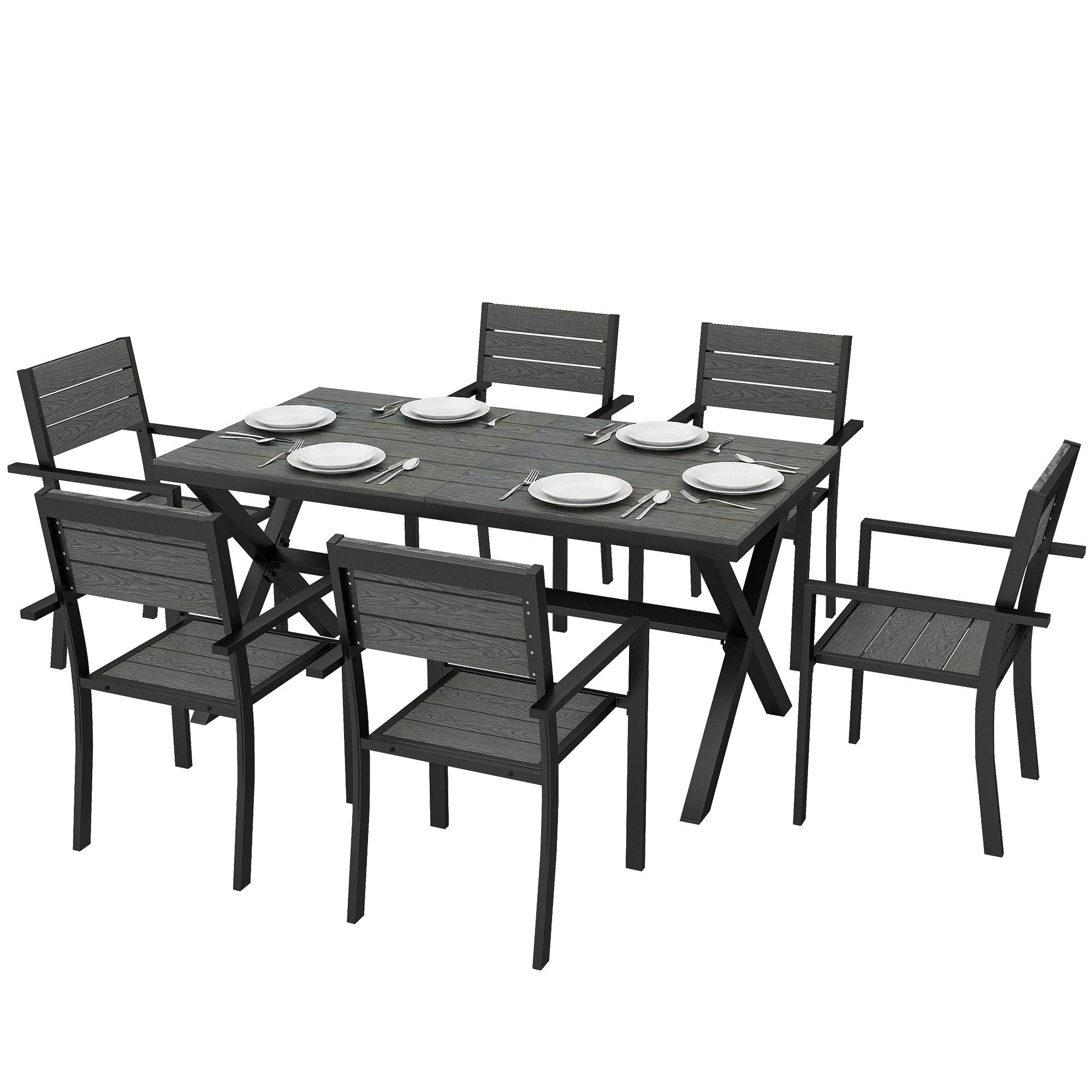Salon repas 7 pièces aluminium jardin lattes effet bois 160cm gris ...