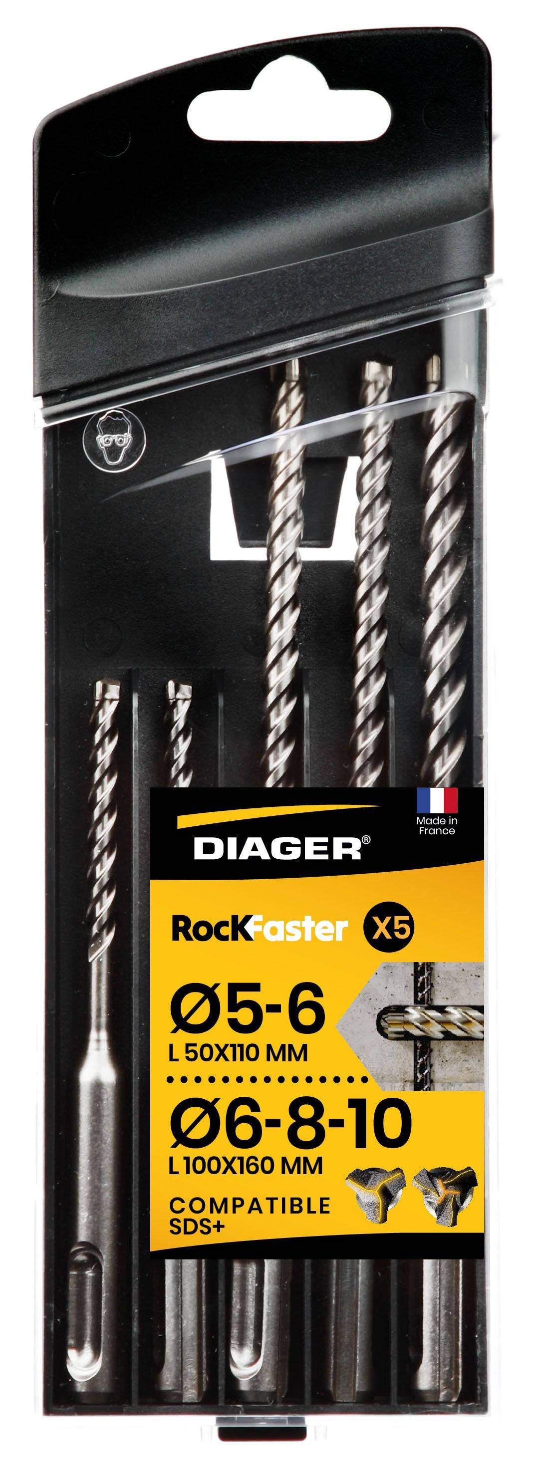 Coffret 5 forets béton - DIAGER - RocKFaster compatible SDS+ L110 Diam ...