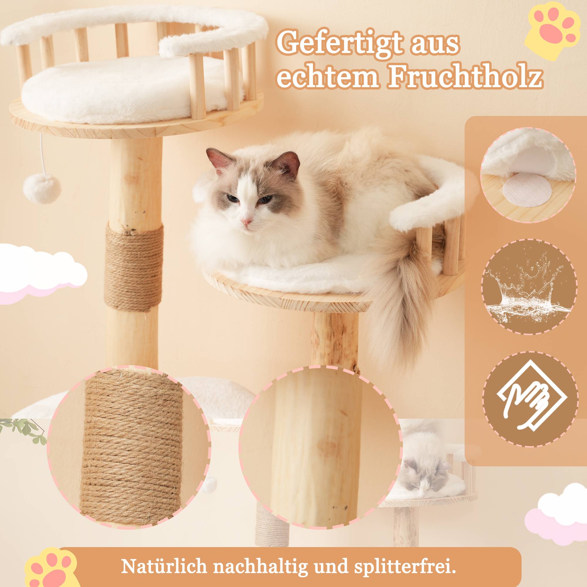 Arbre à Chat Design Bois Massif Griffoir Sisal Naturel 3 Niveaux 98cm ...