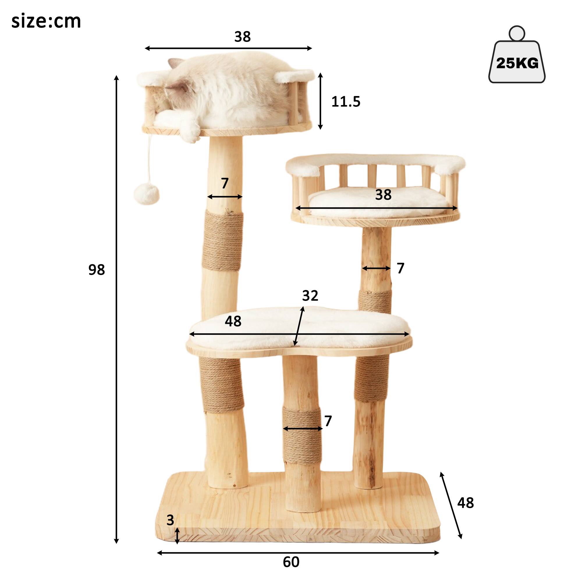 Arbre à Chat Design Bois Massif Griffoir Sisal Naturel 3 Niveaux 98cm ...