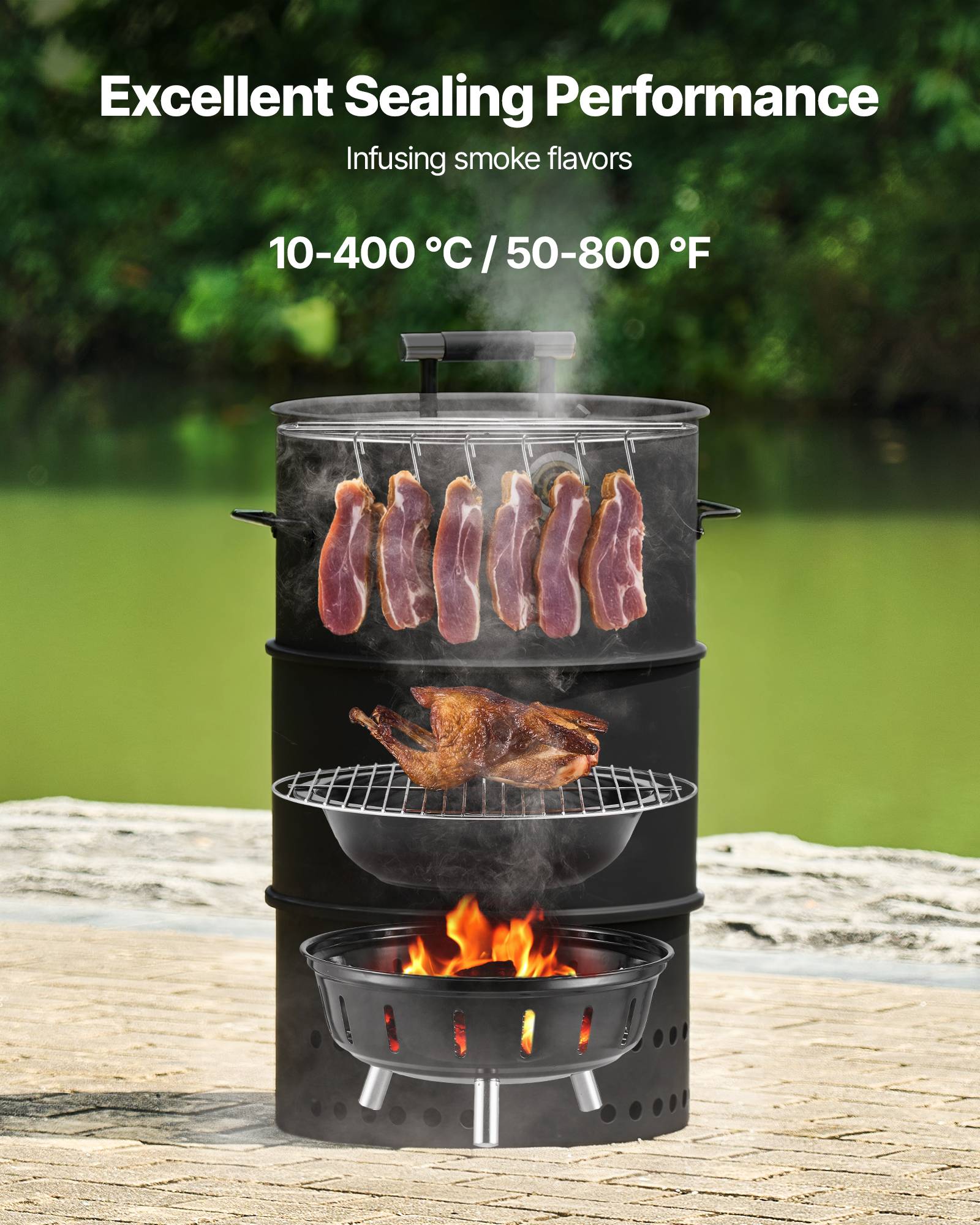 VEVOR Fumoir à Charbon Barbecue à Charbon Bois Vertical 470 mm avec 2 ...
