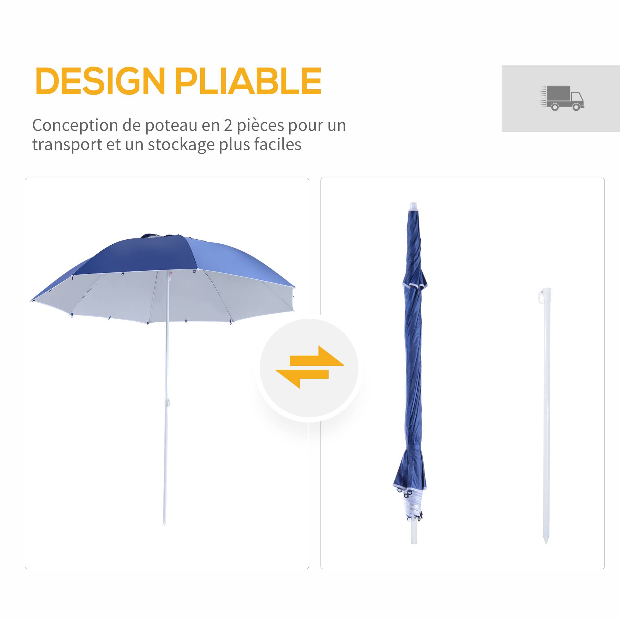 Parasol de plage Métal Bleu 210x200x125 cm - Jardiland
