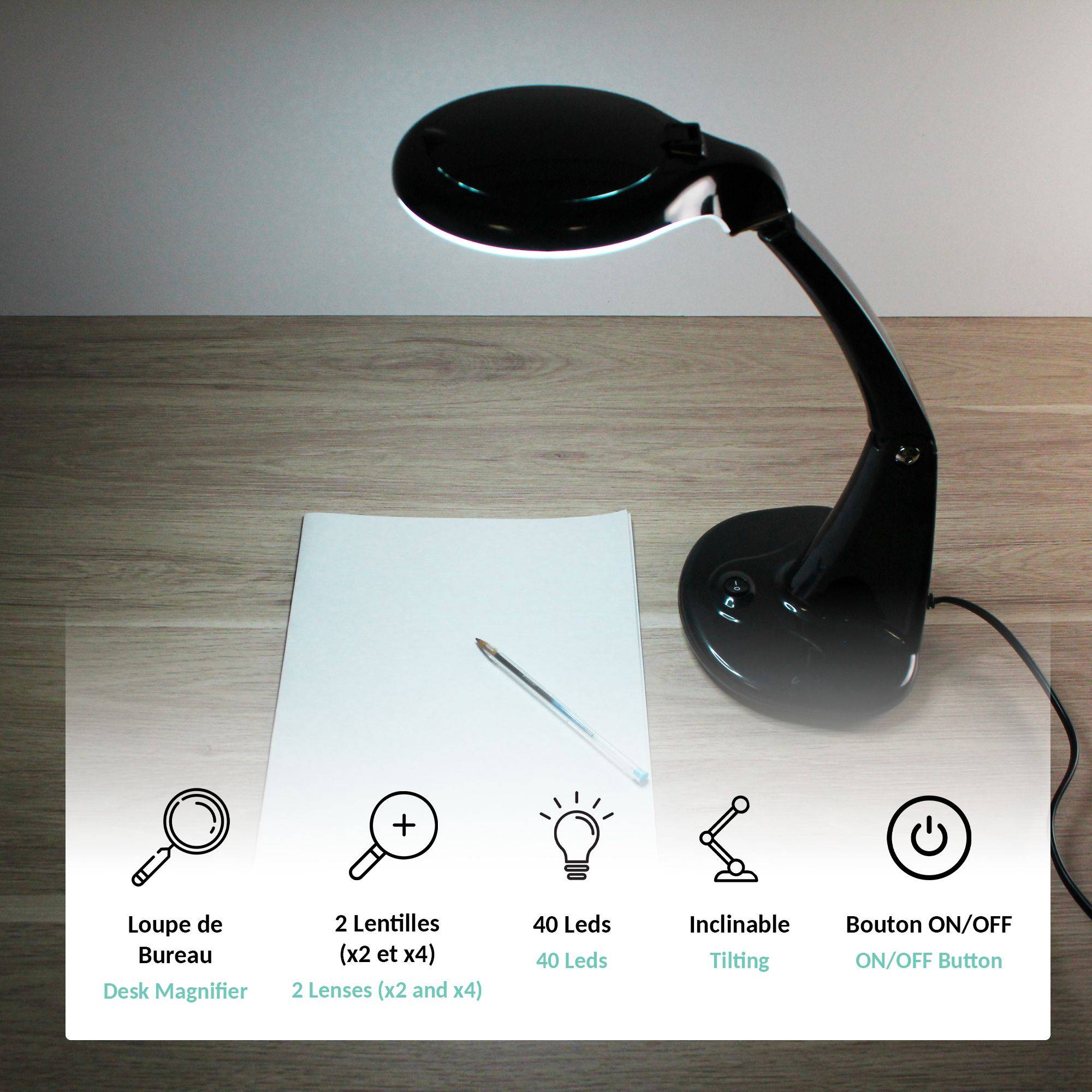 Loupe de Bureau X2 et X4 Verre Optique Lumière Blanche 40 LED - Jardiland