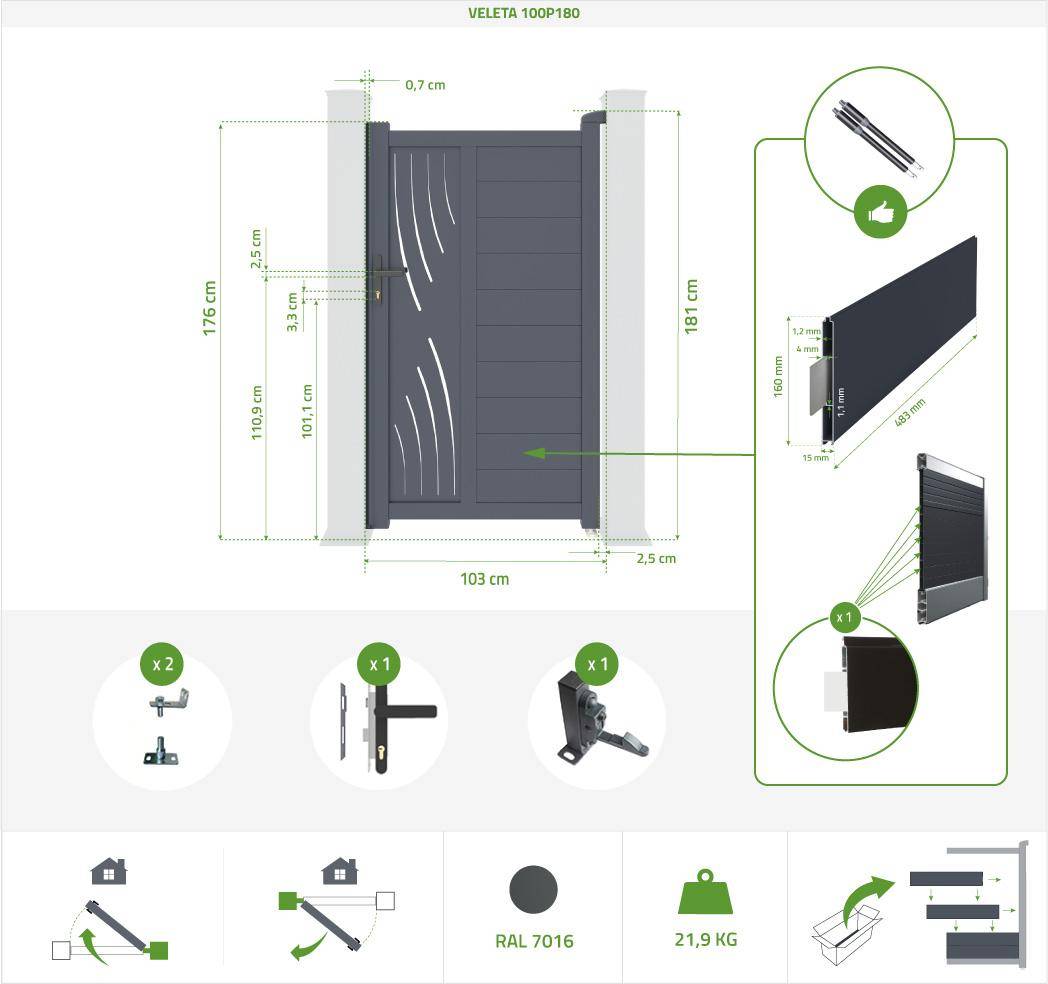 Portillon 1m VELETA H.180 cm + Kit inversion ouverture 180 x 103 cm ...