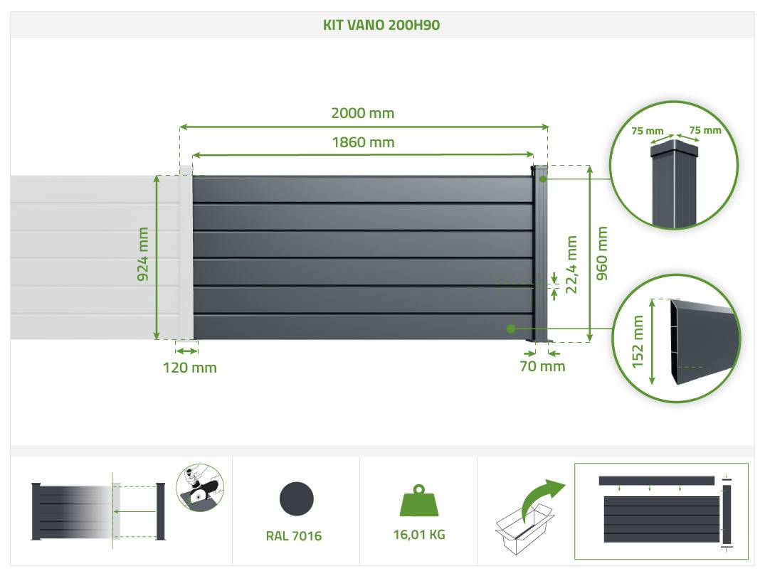 Clôture Aluminium Persienne 8m VANO H.90 cm gris - Jardiland