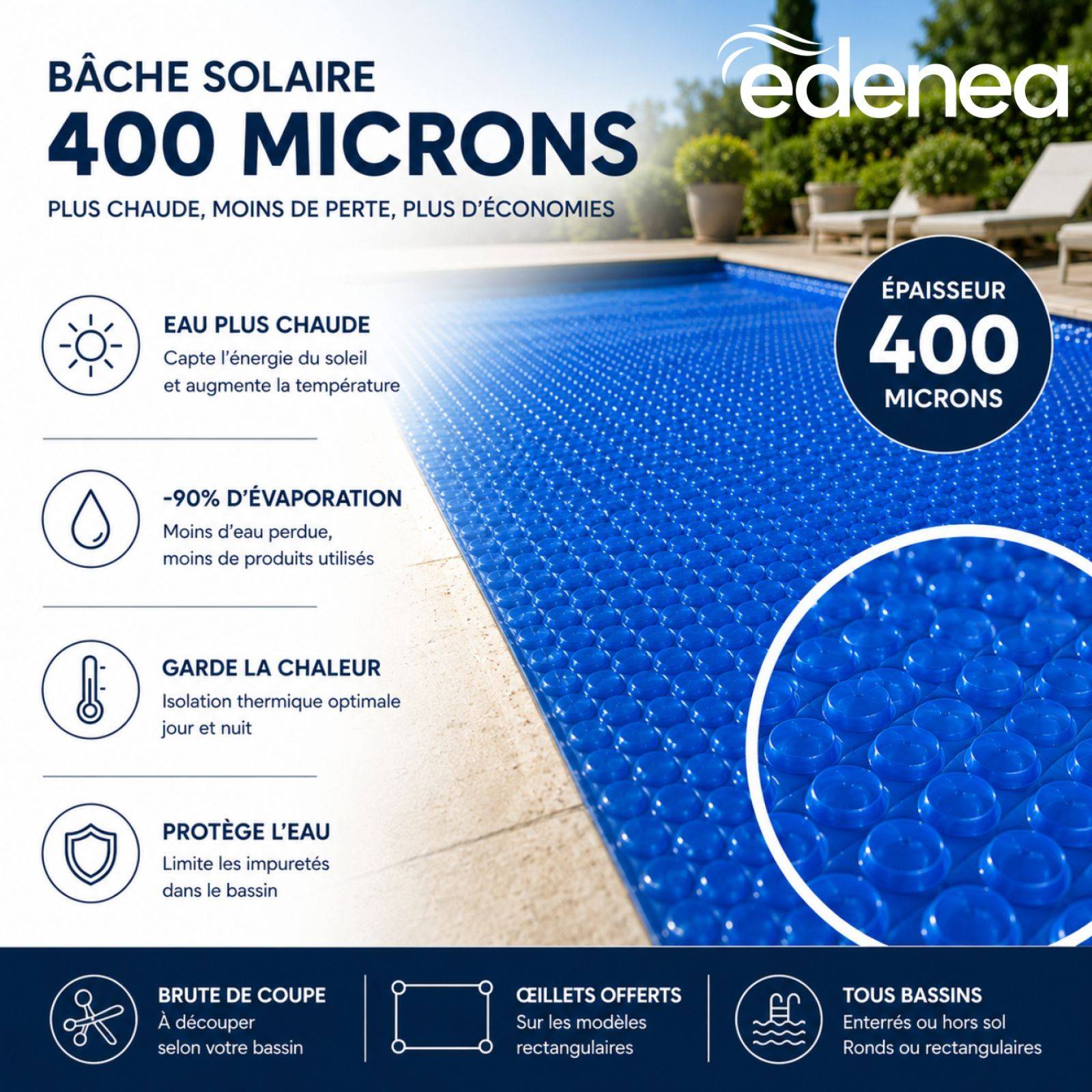 Bâche Solaire Piscine 450 X 220 Rectangulaire 400 Microns Non Bordée ...