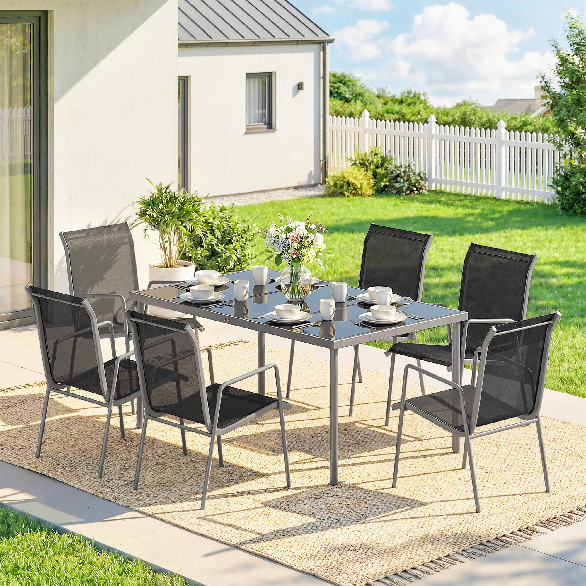 Salon de jardin 7 pièces métal terrasse plateau verre 150cm argent ...