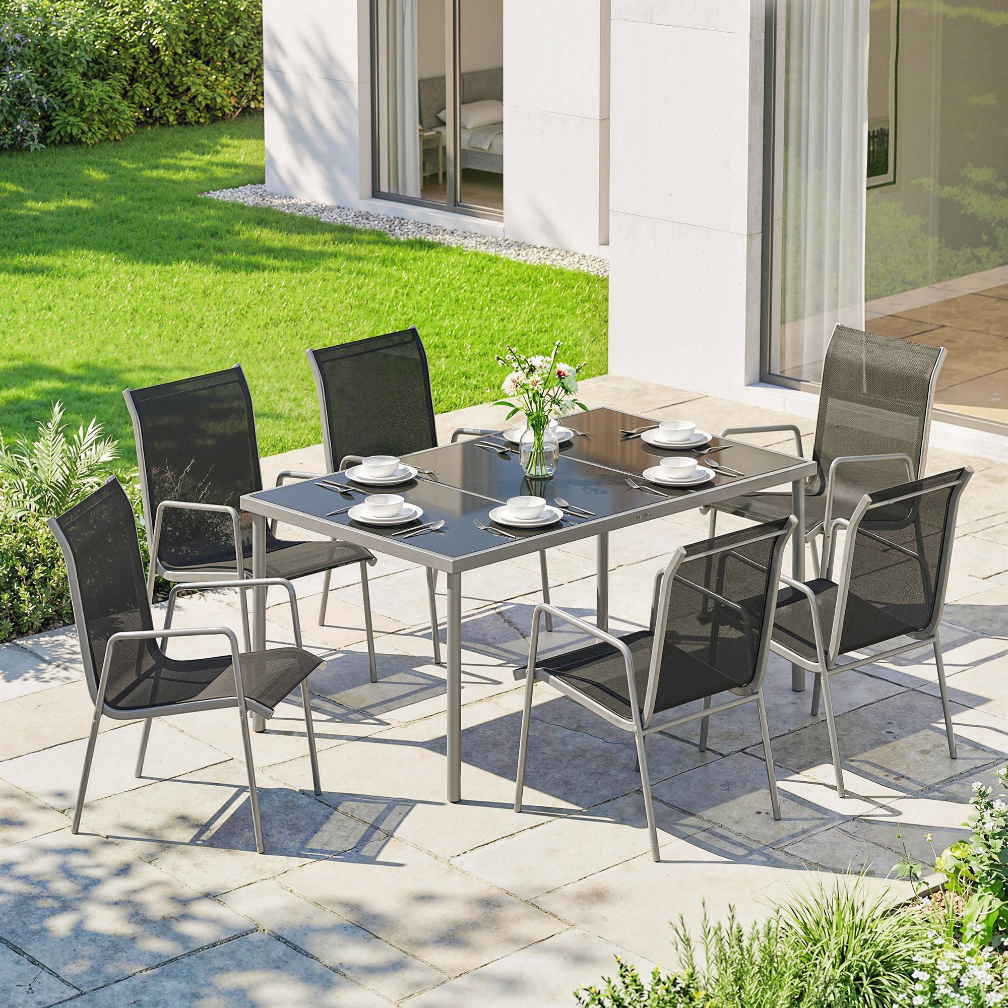 Salon de jardin 7 pièces métal terrasse plateau verre 150cm argent ...