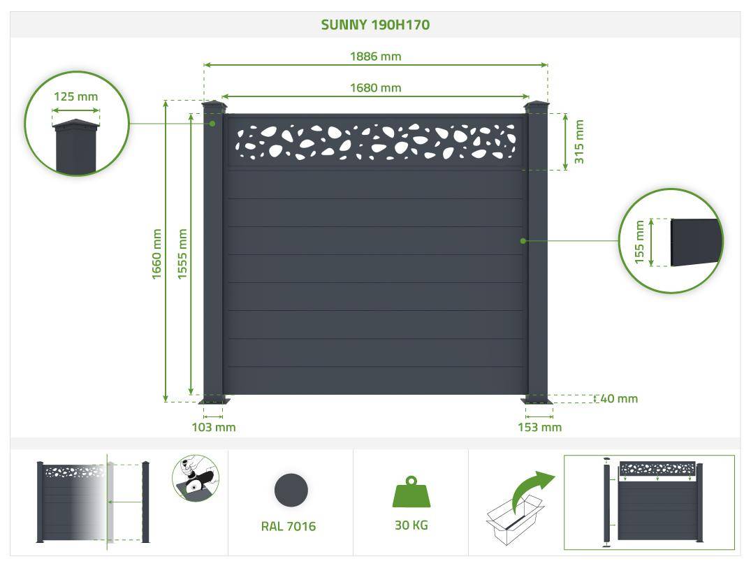 Lot de 3 kits de clôture aluminium SUNNY H.170 cm - kits complet 5.7m ...