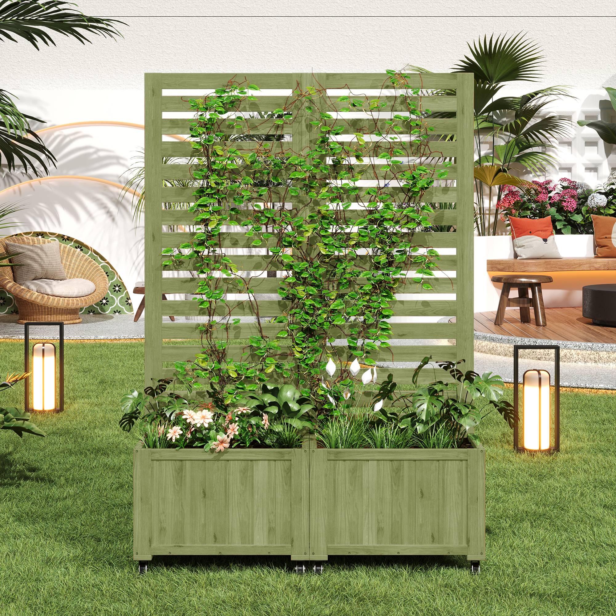 Jardinière treillis bois massif jardin terrasse modulable roulettes ...