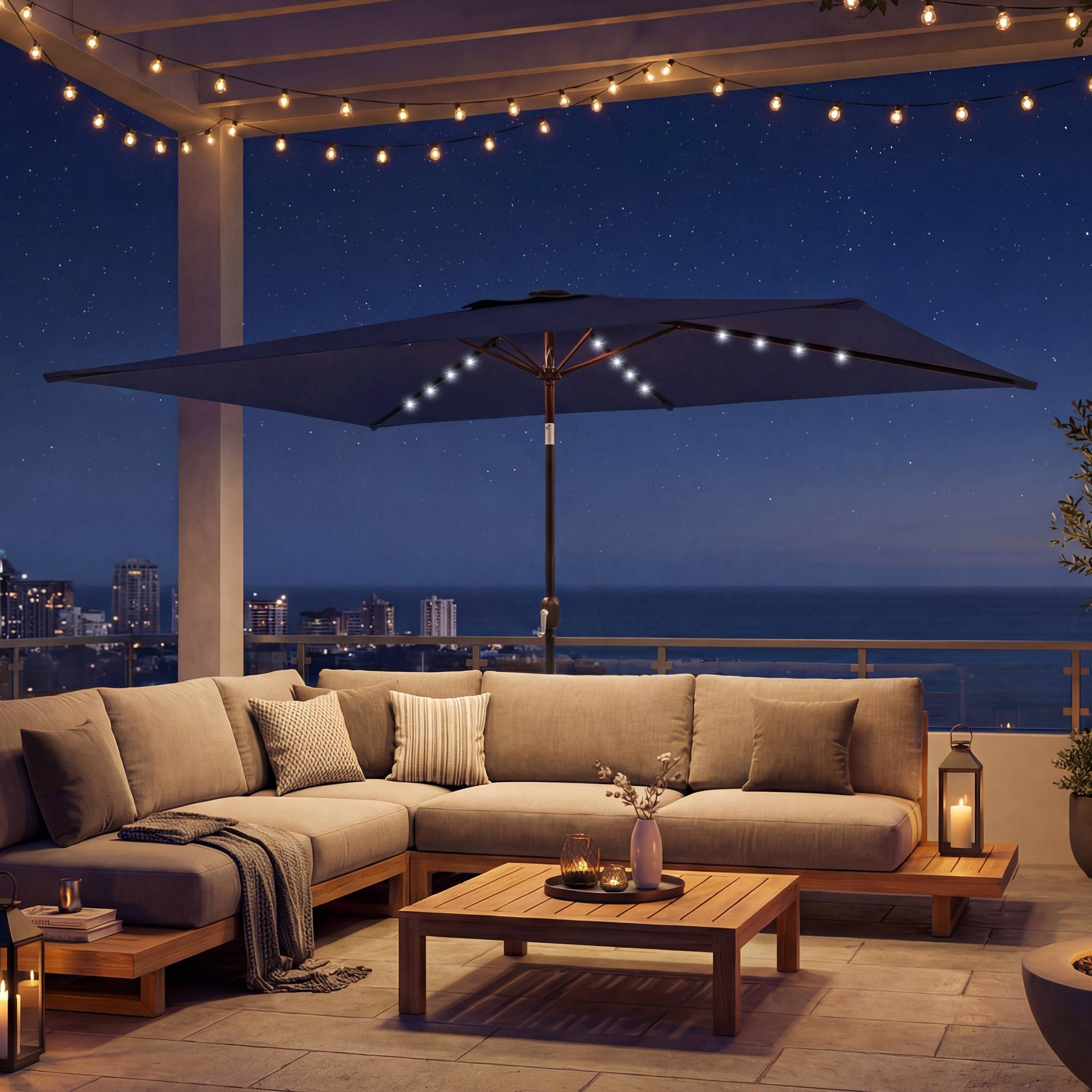 Parasol droit solaire métal terrasse éclairage LED 3x2m bleu marine ...