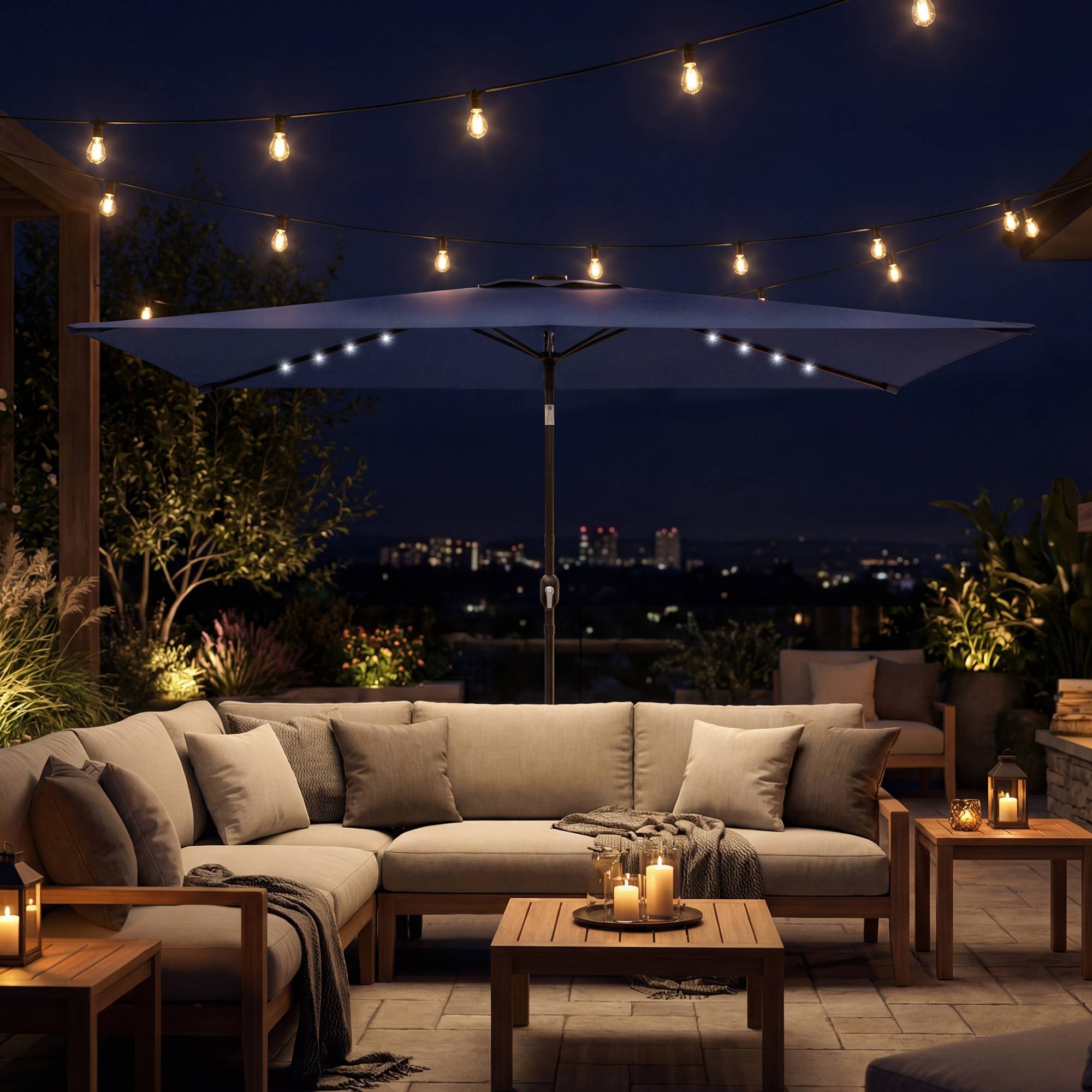 Parasol droit solaire métal terrasse éclairage LED 3x2m bleu marine ...