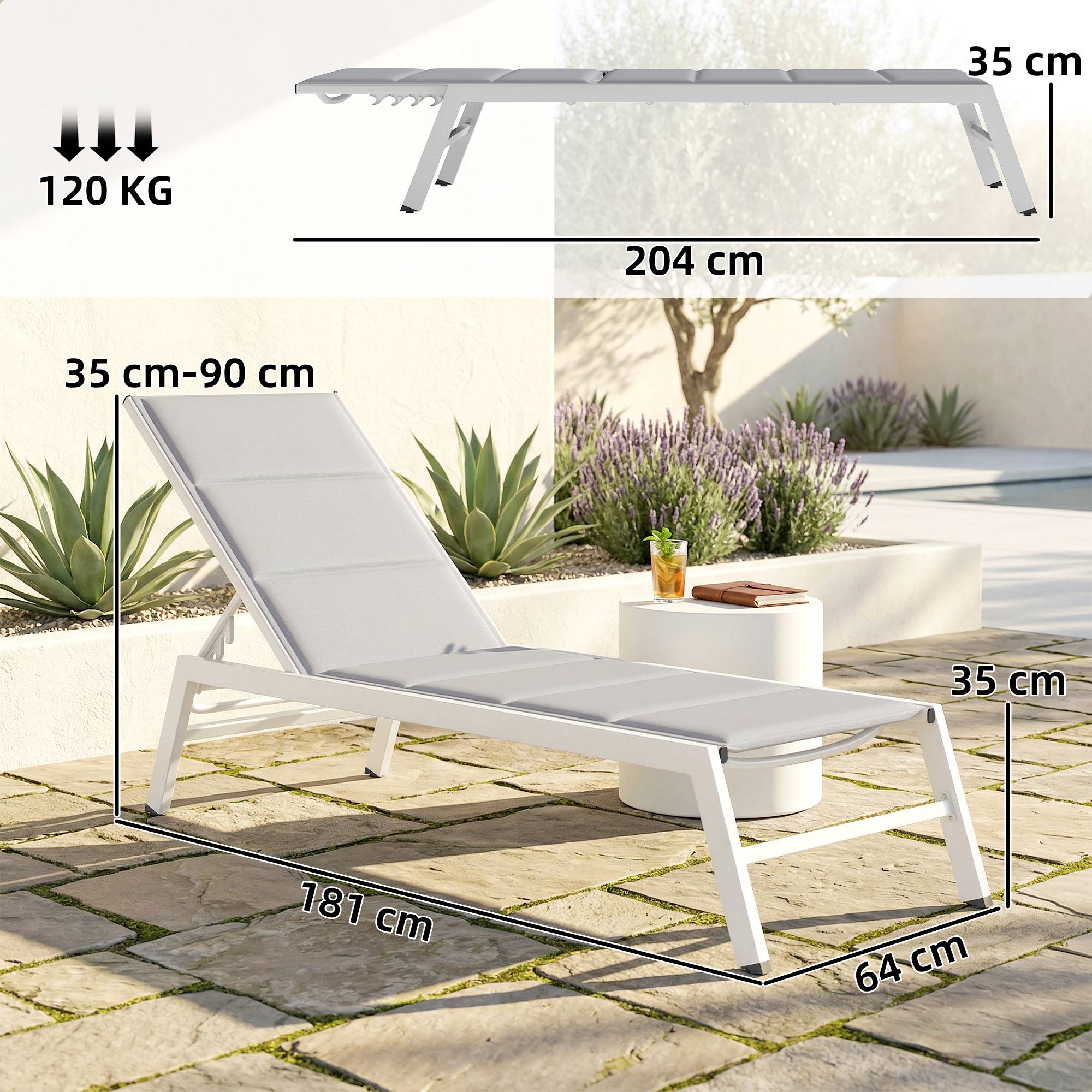 Transat aluminium léger jardin dossier rembourré 181x64x90cm gris clair ...