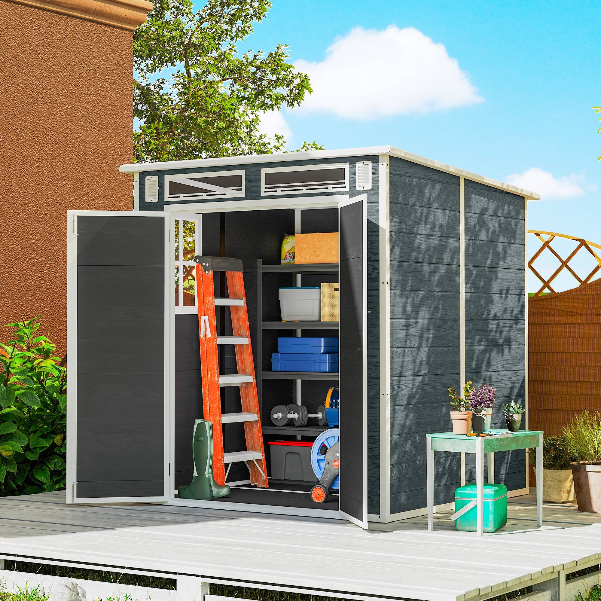 Abri de Jardin en Résine Cabanon de Rangement Double Porte 3 Fenêtres ...