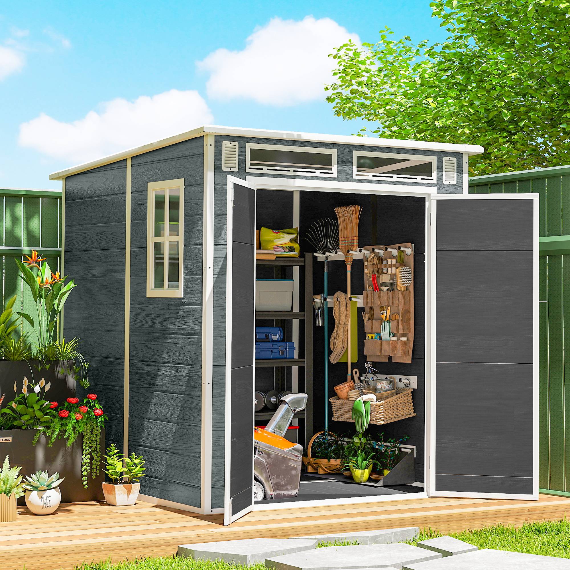 Abri de Jardin en Résine Cabanon de Rangement Double Porte 3 Fenêtres ...