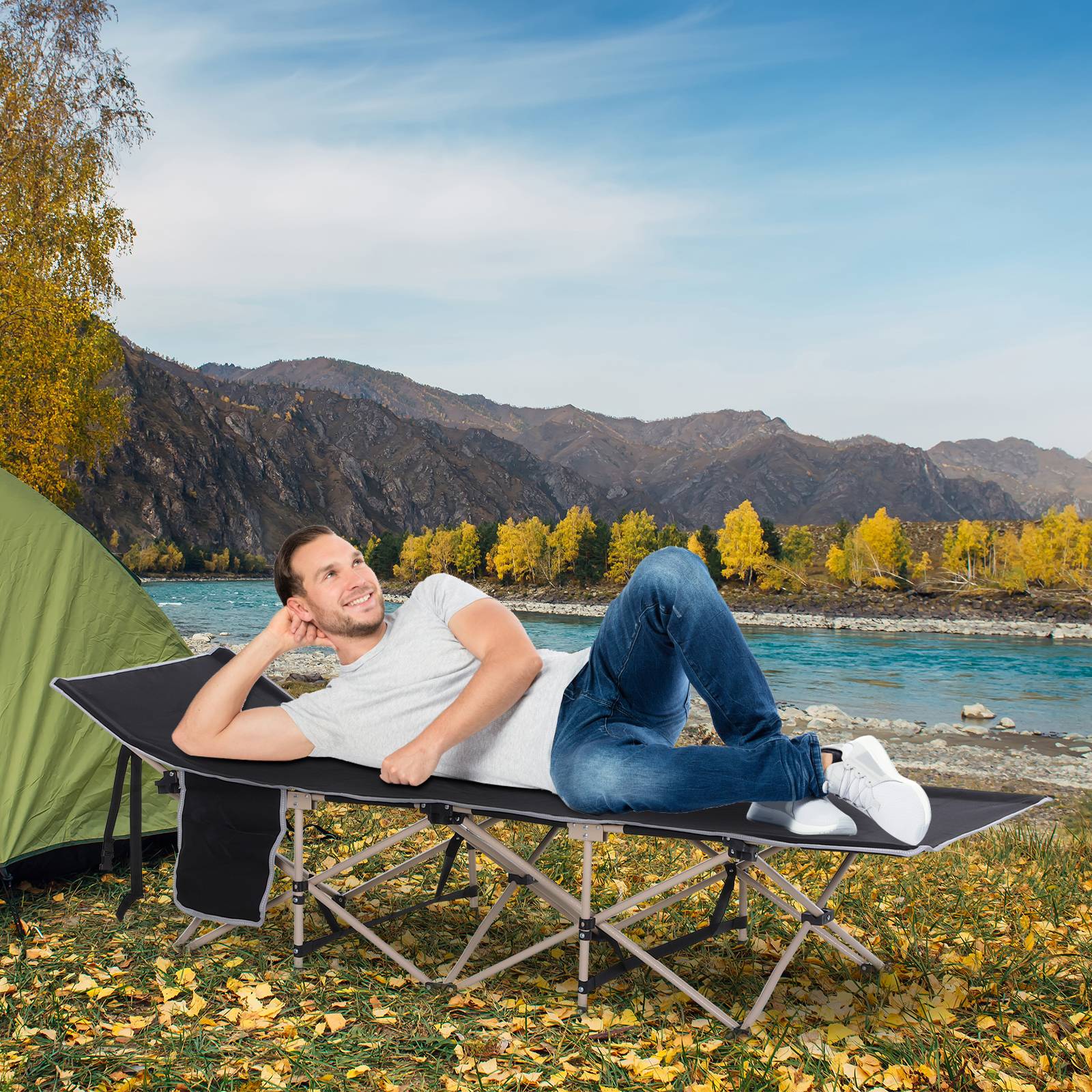 Lit de camp pliant acier et tissu noir 190 x 68 x 52 cm - PANGIVO ...