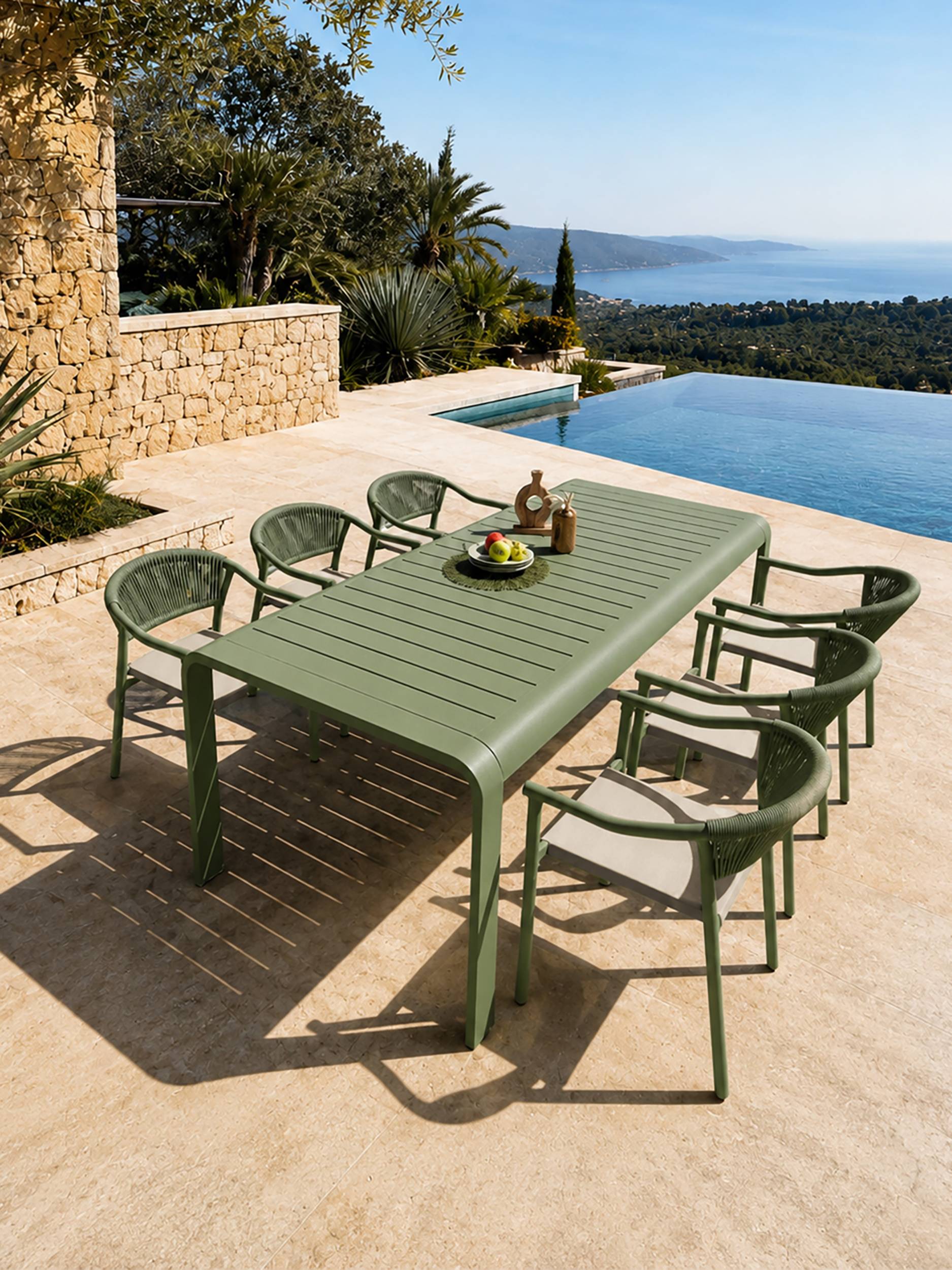 Ensemble repas de jardin en aluminium 6 places - Vert olive - HANOI ...