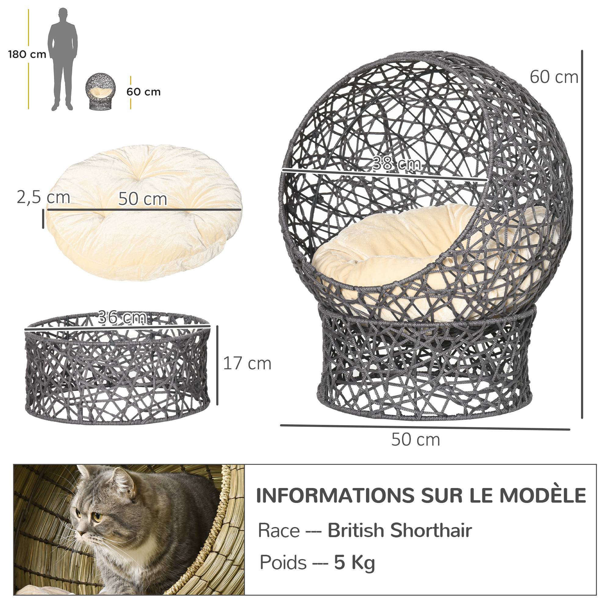 Panier chat lit surélevé chat cosy niche grotte 50 x 50 x 60 cm coussin ...