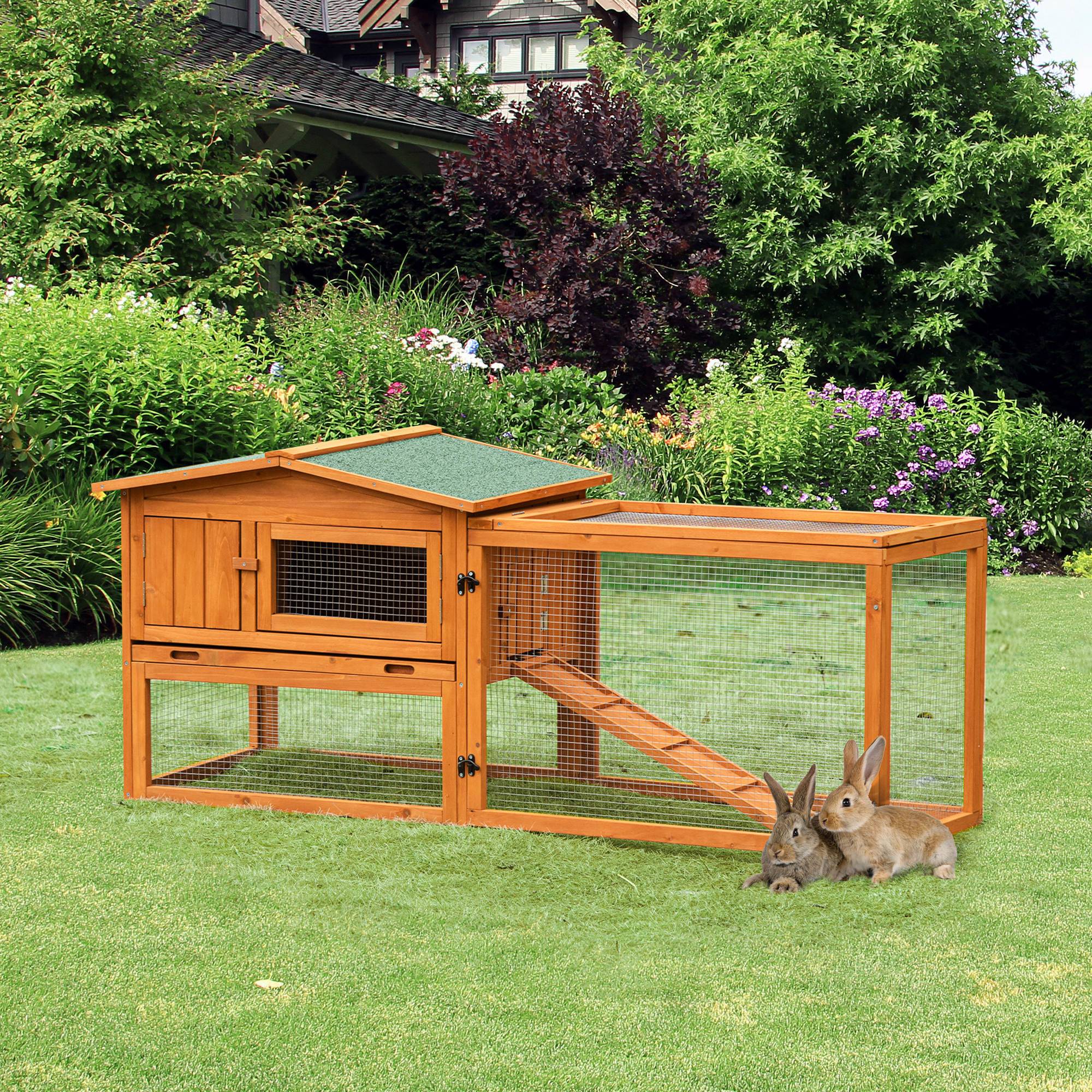 Cage à lapins bois extérieur 2 étages avec enclos amovible toit ouvrant ...