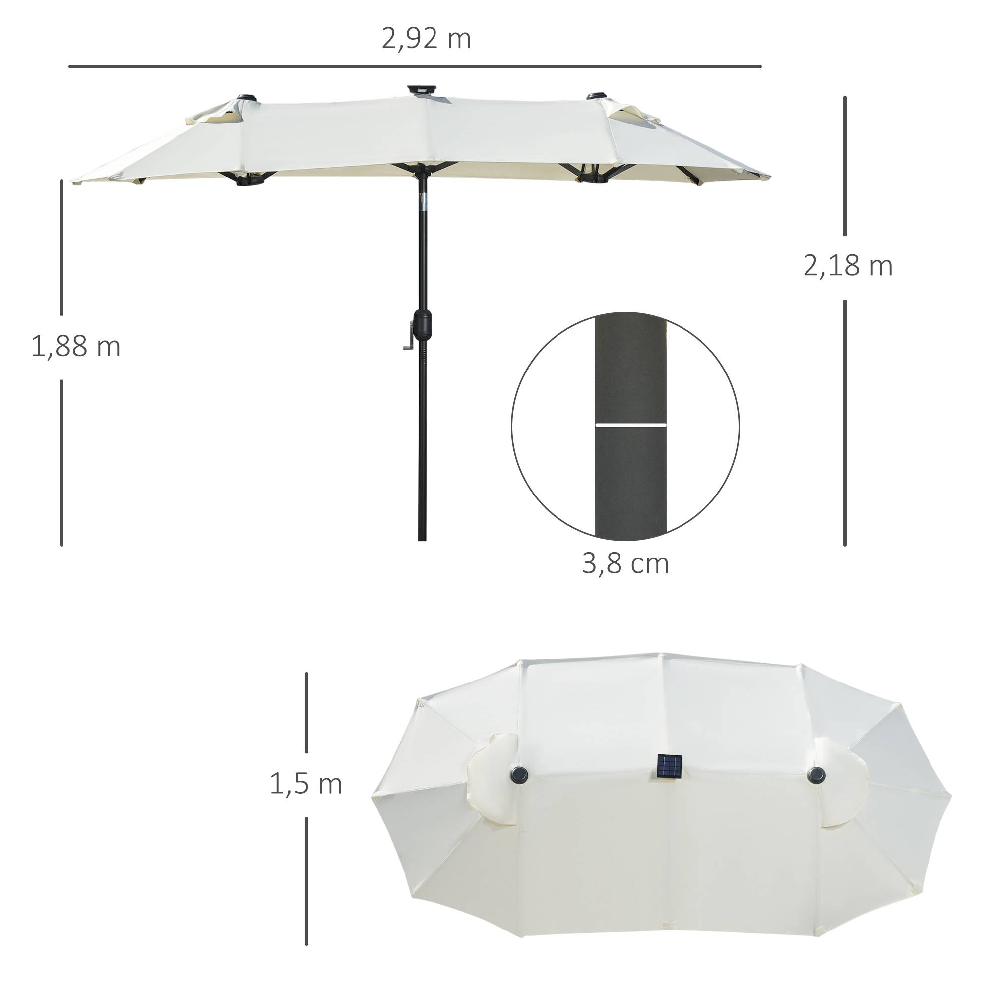 Parasol double acier terrasse inclinable LED solaire 292x150cm beige ...