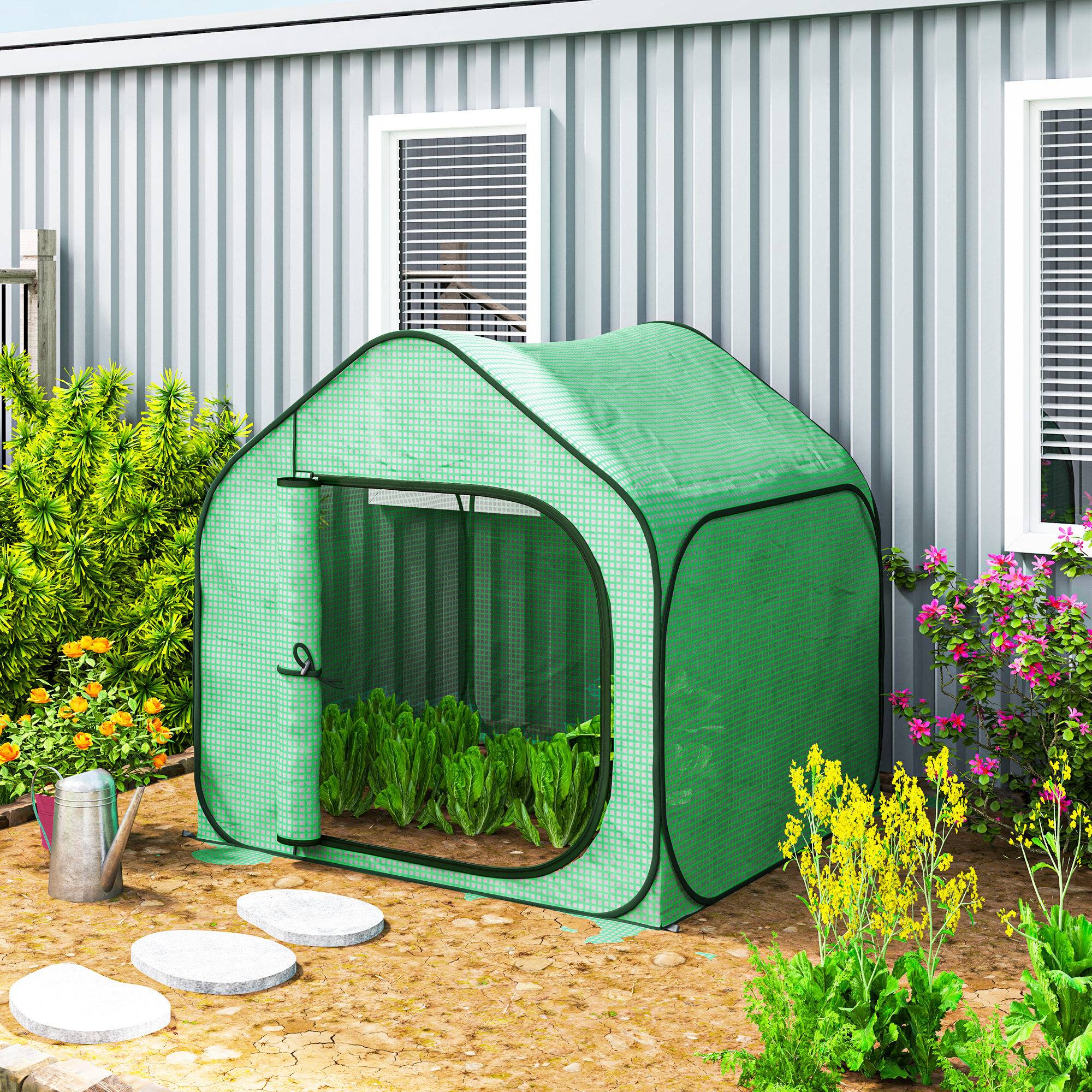 Mini serre pop-up en acier et polyéthylène vert 150 x 148 x 148 cm ...